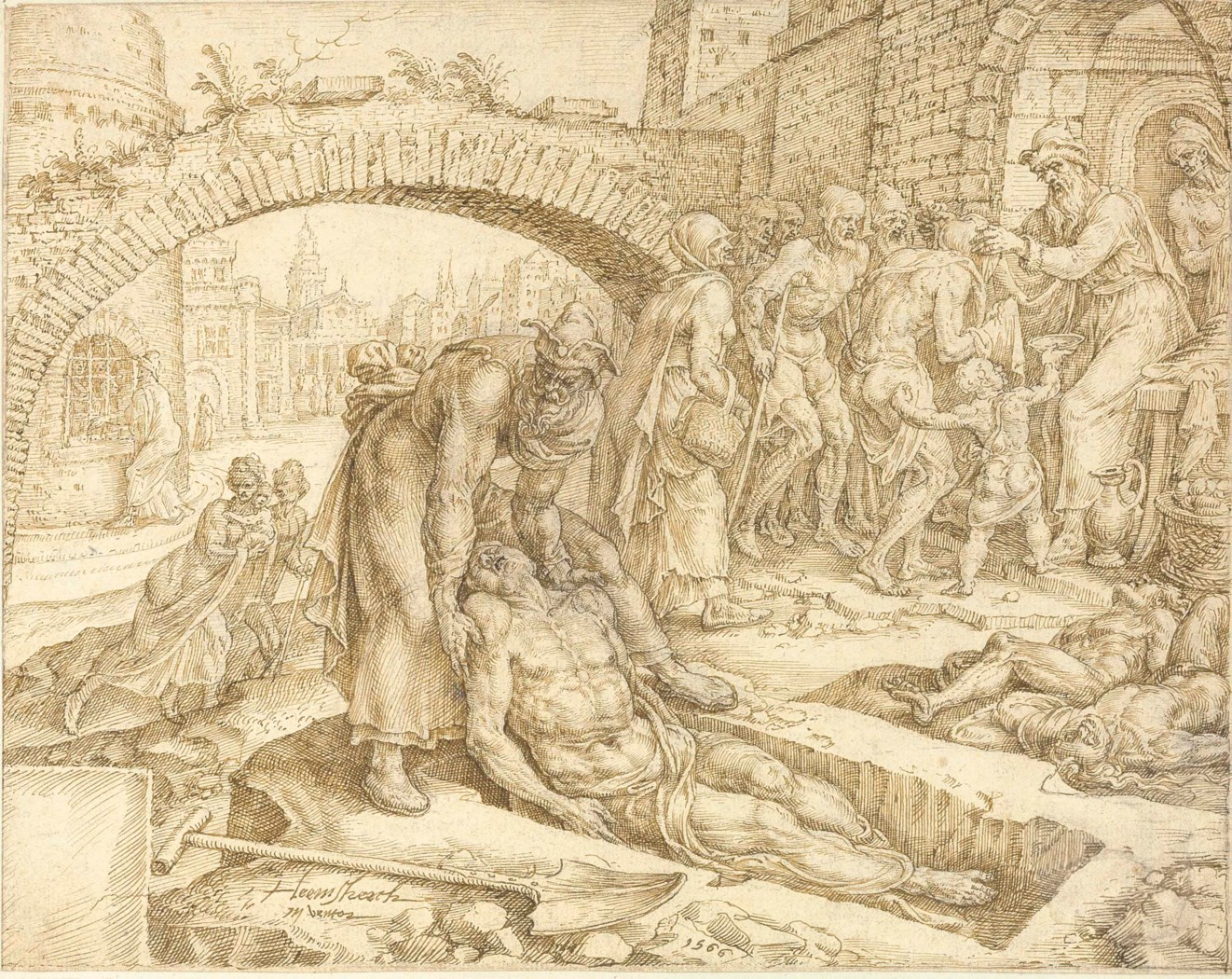 Maarten van Heemskerck (Heemskerck 1498-1574 Haarlem), Tobit burying ...