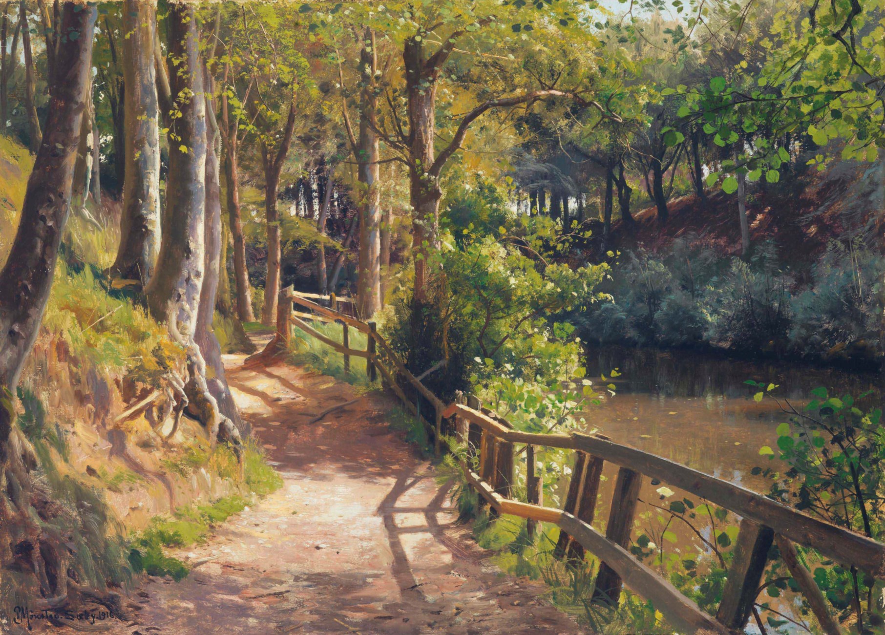 Peder Mørk Mønsted (Danish, 1859-1941), Forårsdag i Sæby skov, solglimt ...