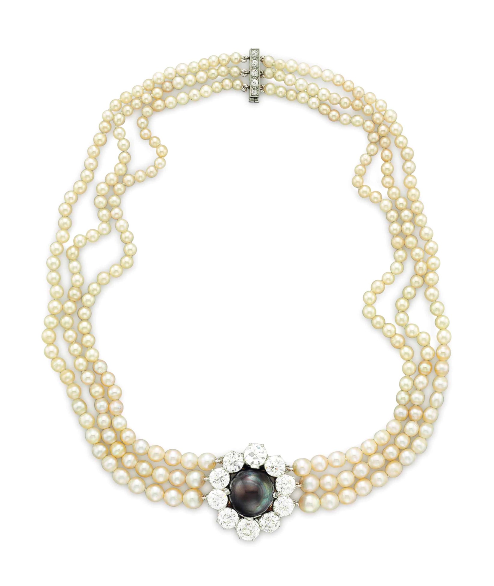 A THREE-STRAND NATURAL AND CULTURED PEARL AND DIAMOND NECKLACE | Christie's