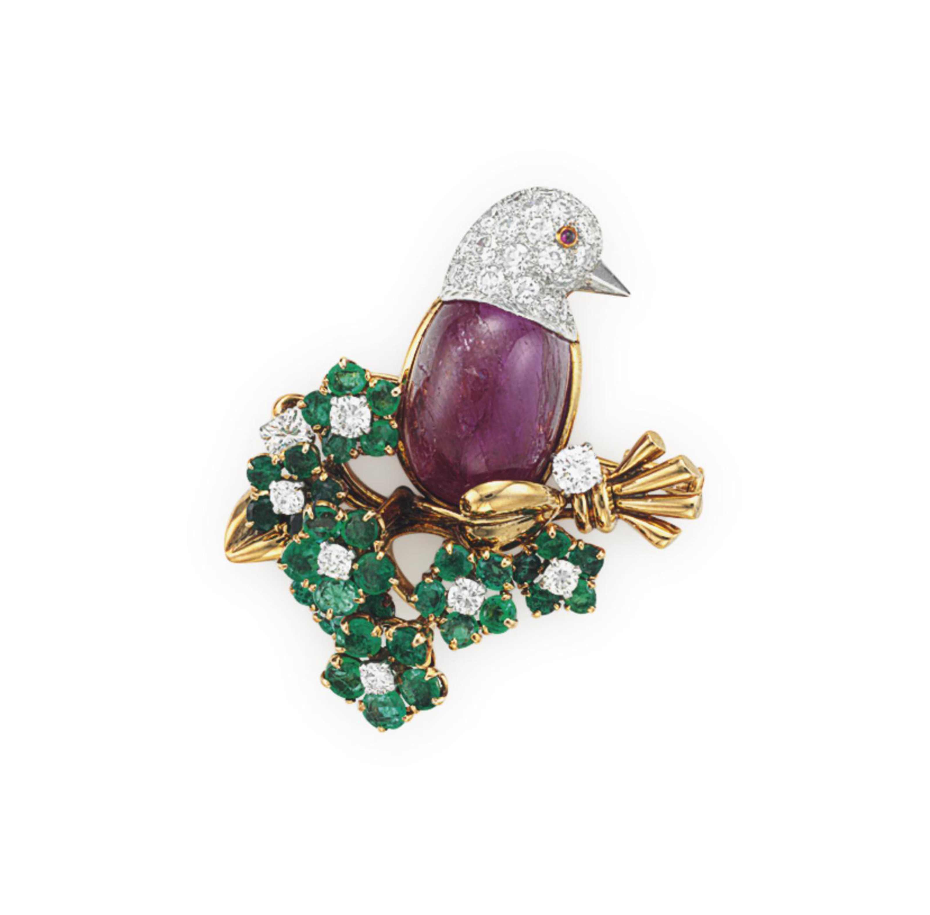 A RUBY, EMERALD AND DIAMOND BIRD BROOCH, BY VAN CLEEF & ARPELS