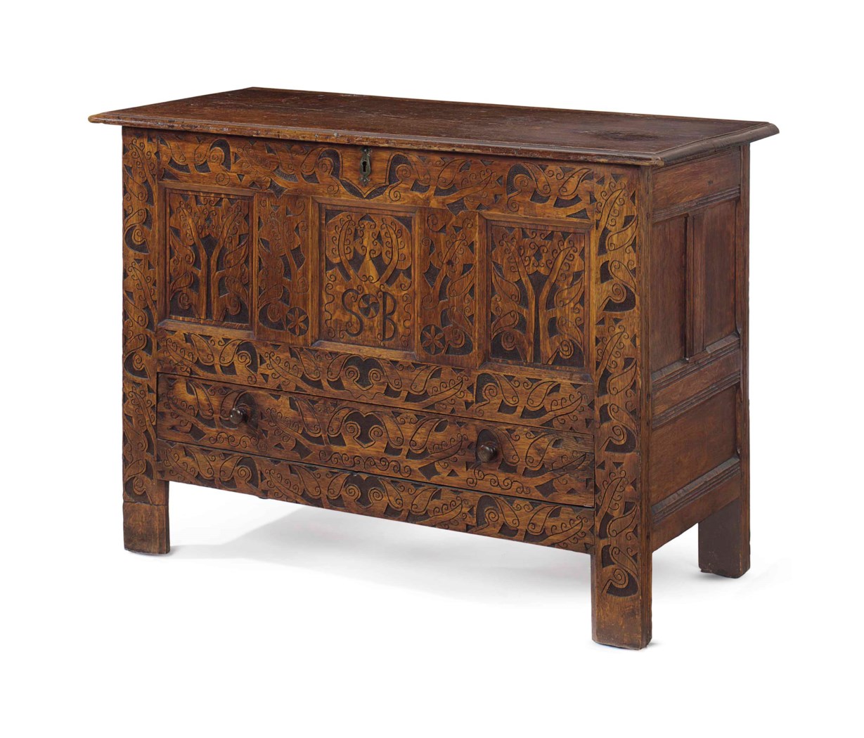 A CARVED OAK “HADLEY” CHEST WITH DRAWER, POSSIBLY HATFIELD AREA ...