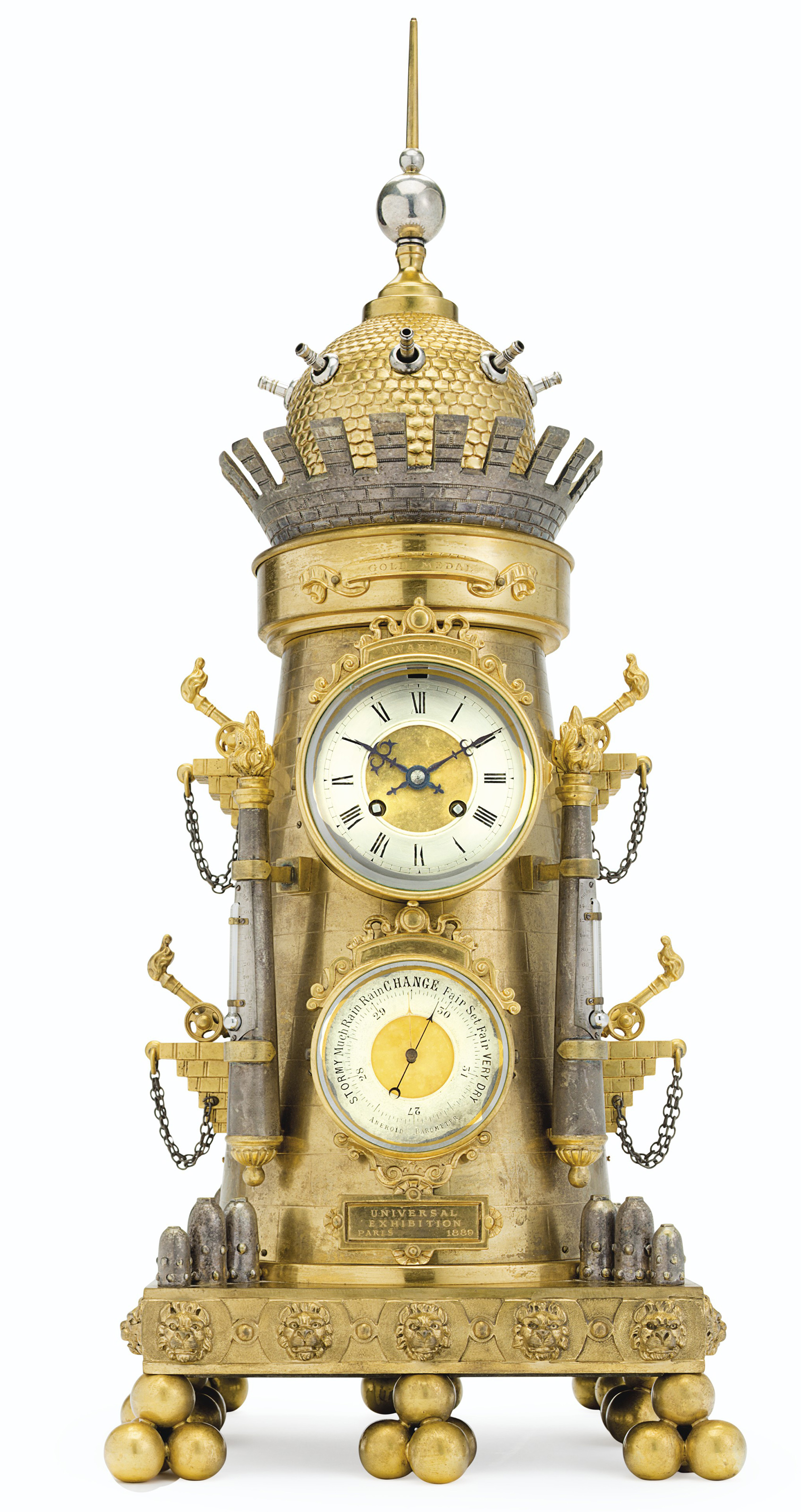 A FRENCH ORMOLU AND SILVERED BRONZE AUTOMATON CLOCK AND BAROMETER , THE ...