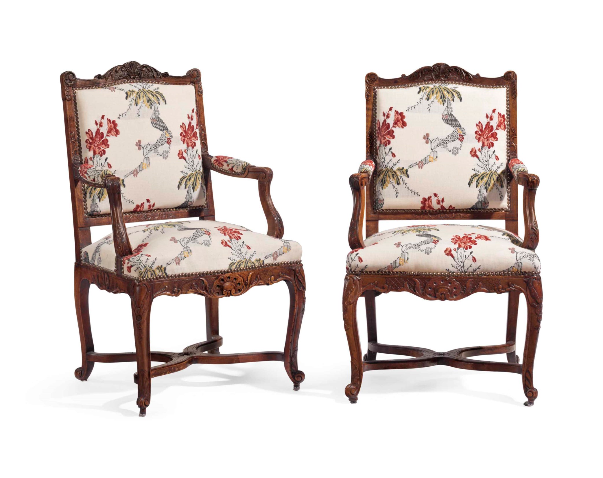 A PAIR OF REGENCE STYLE WALNUT FAUTEUILS, LATE 19TH/EARLY 20TH CENTURY ...