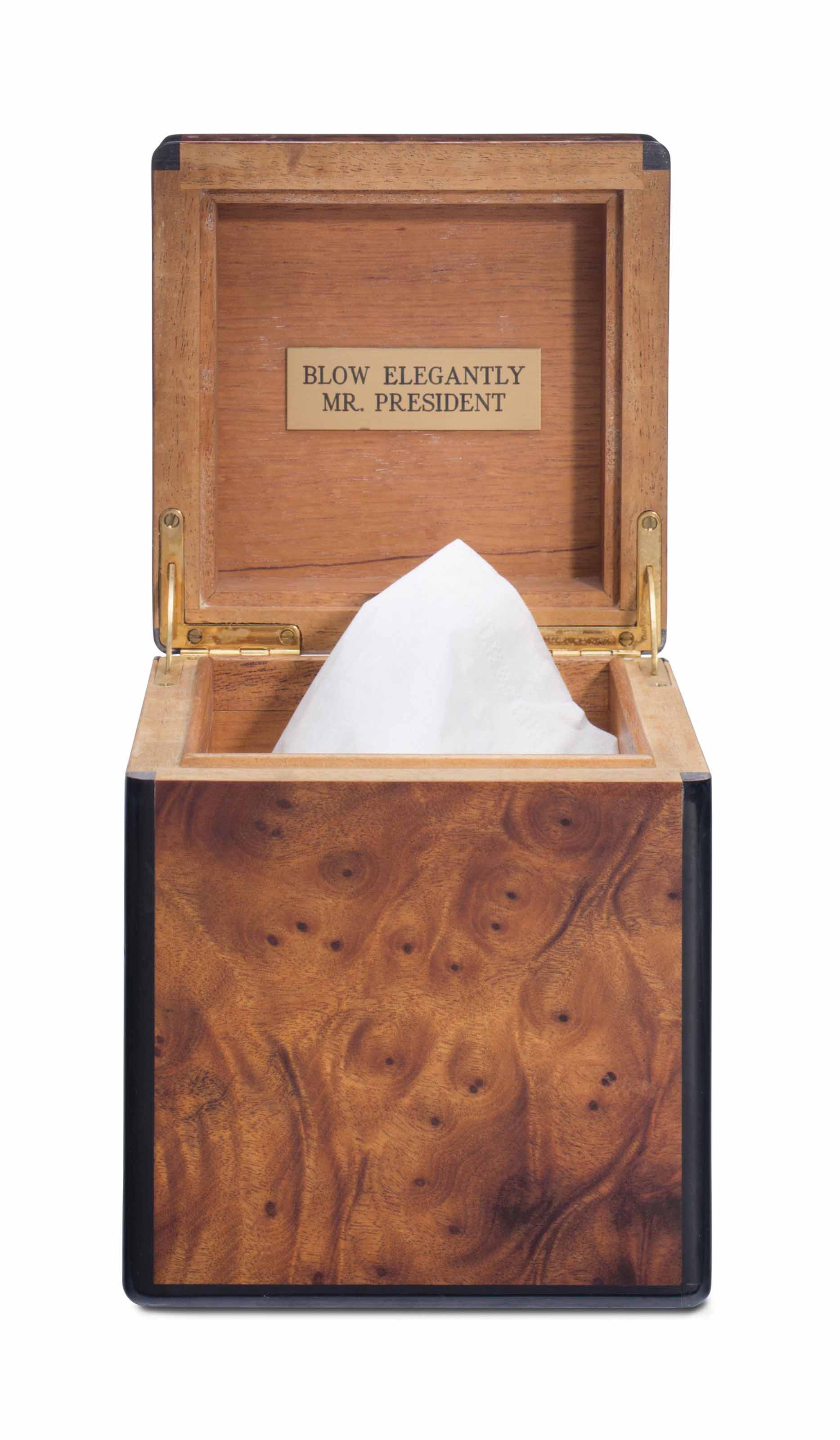 PRESIDENT RONALD REAGAN AN EBONY AND AMBOYNA TISSUE BOX