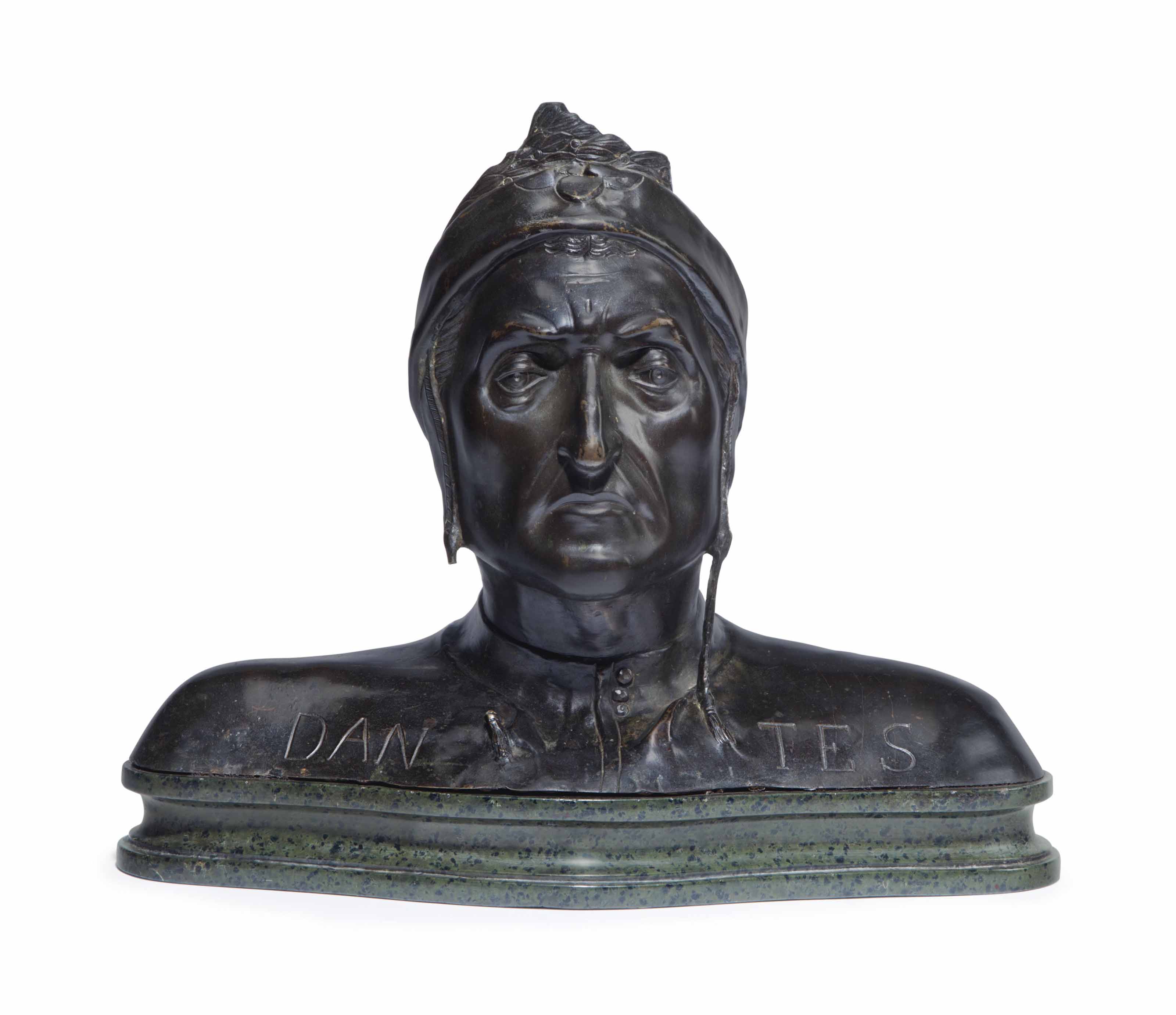 A PATINATED-BRONZE BUST OF DANTE
