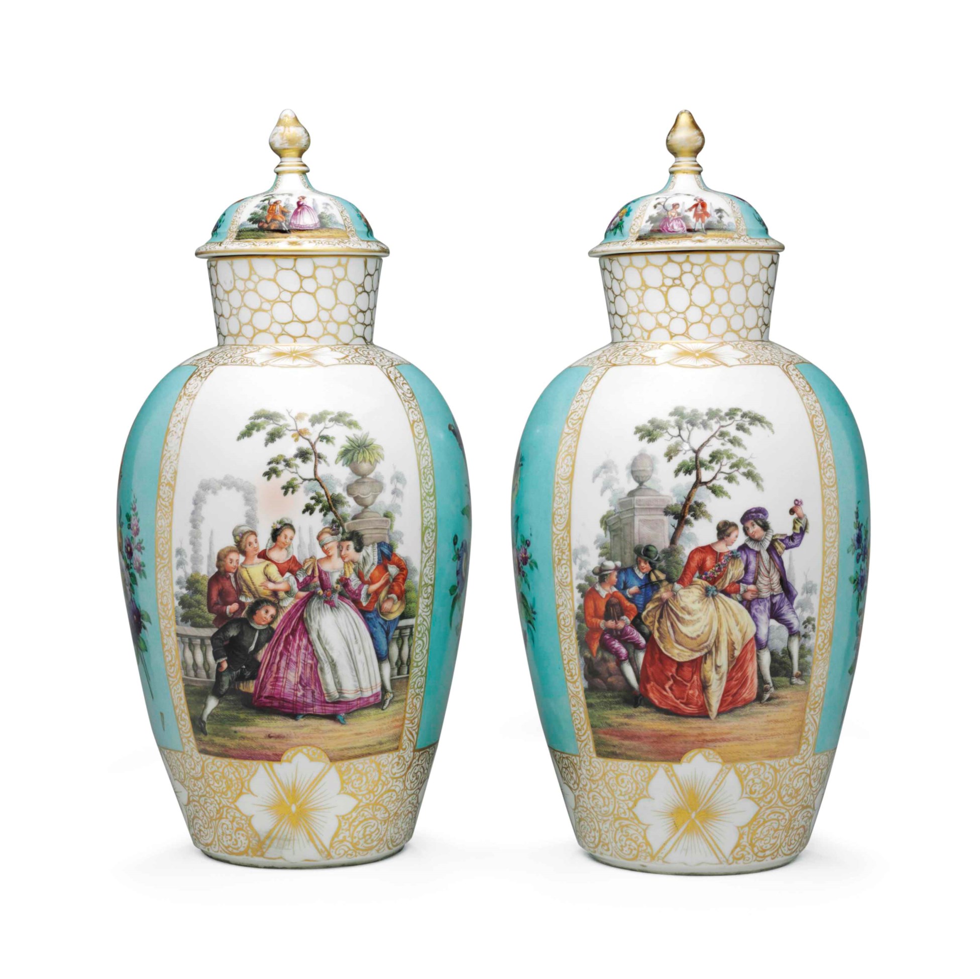 A PAIR OF HELENA WOLFSOHN PORCELAIN ROBIN'S EGG BLUE GROUND VASES AND ...