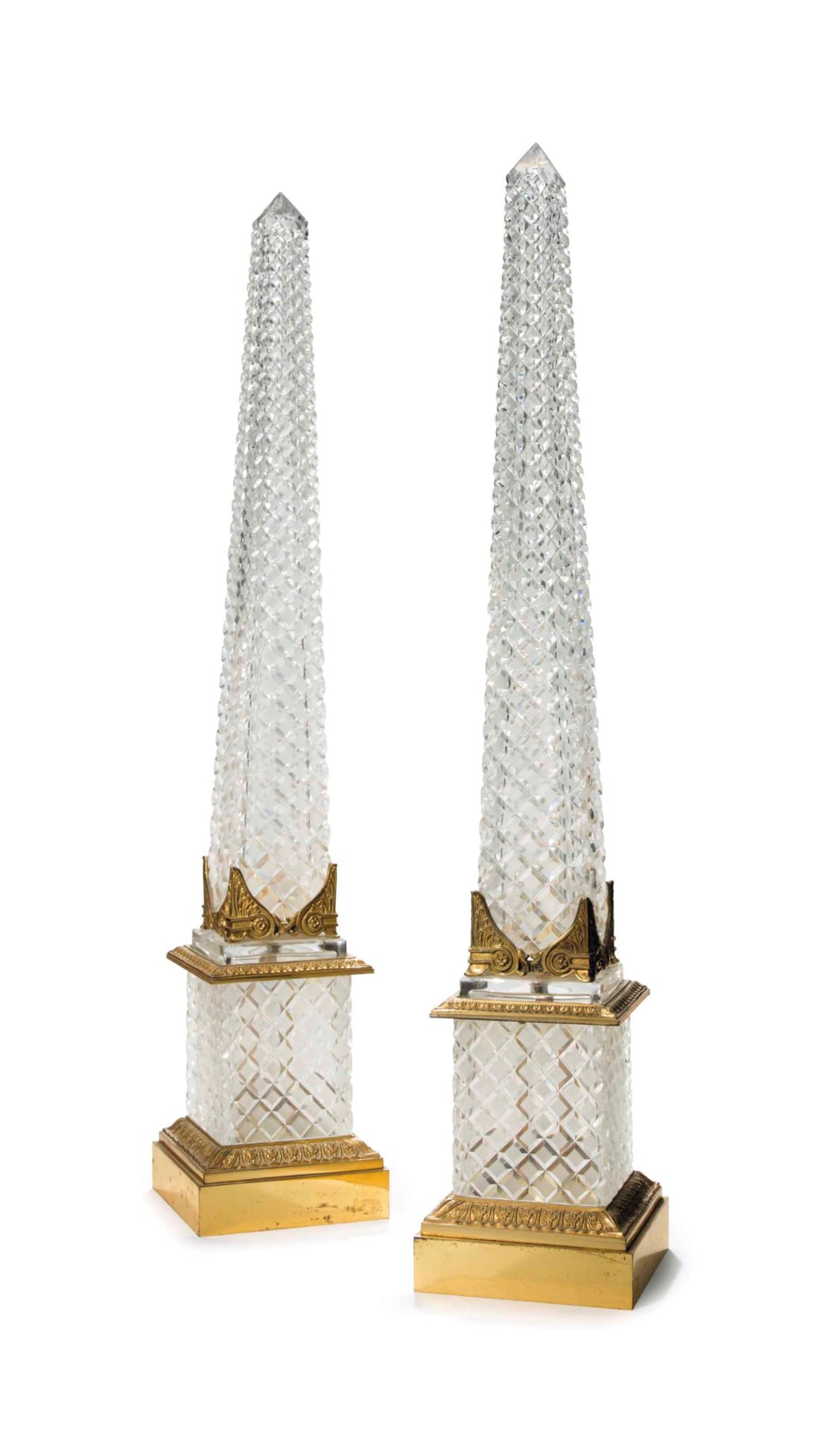 A PAIR OF ORMOLU-MOUNTED CUT-GLASS OBELISKS, LATE 19TH/20TH CENTURY ...