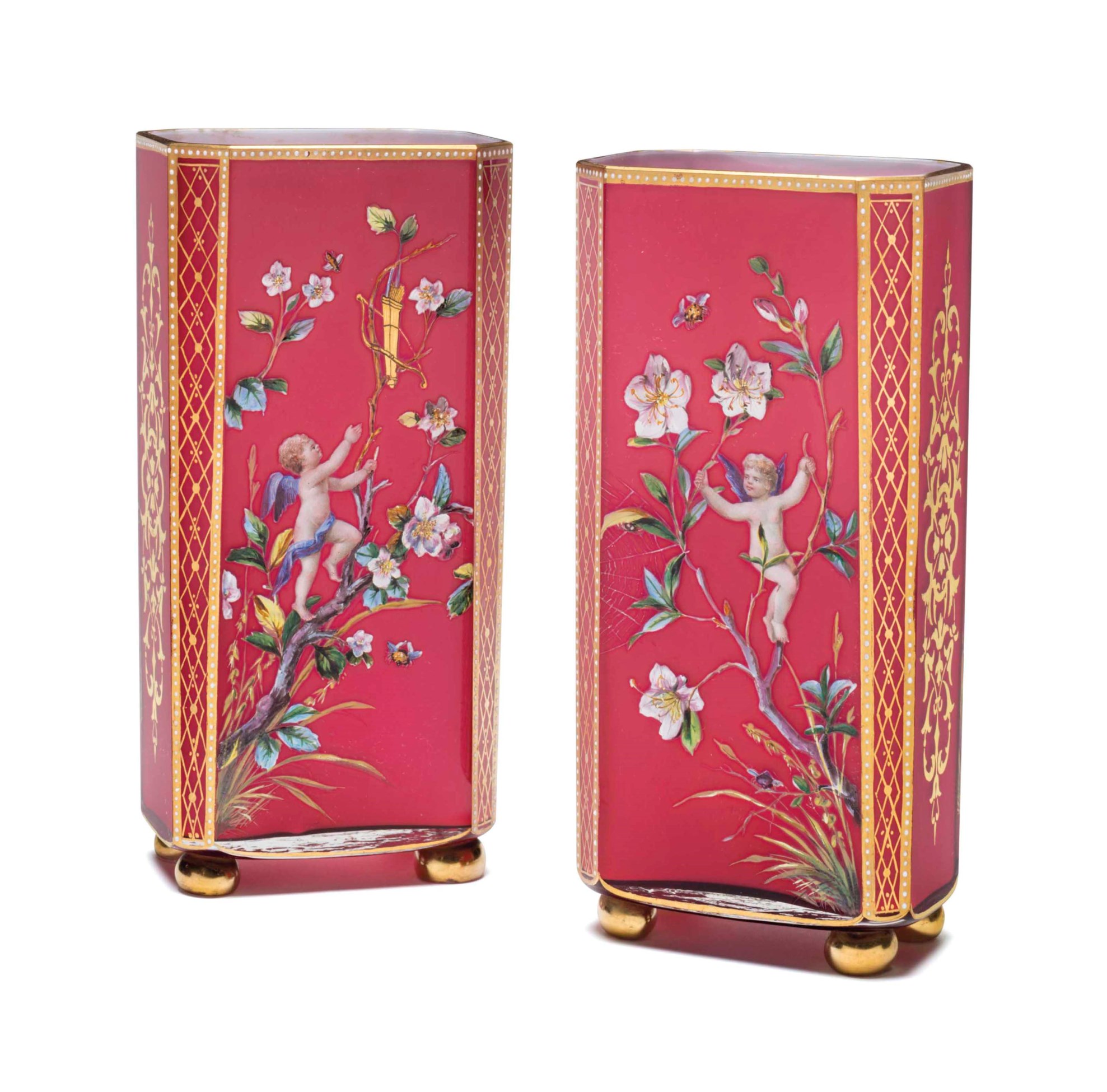 A PAIR OF BACCARAT CASED RUBY-FLASH OPAQUE-WHITE GLASS VASES, CIRCA ...