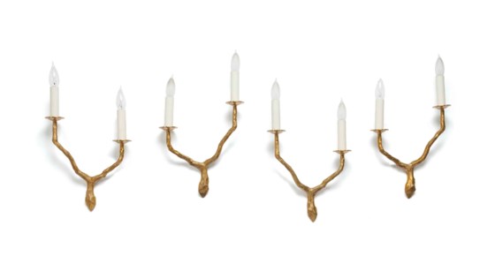 A SET OF FOUR FRENCH ORMOLU TWIN-BRANCH WALL-LIGHTS, IN THE MANNER OF ...