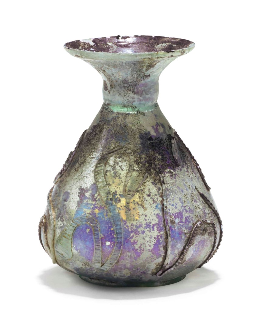 A ROMAN GLASS SNAKE THREAD SPRINKLER FLASK, CIRCA LATE 2ND-EARLY 3RD ...
