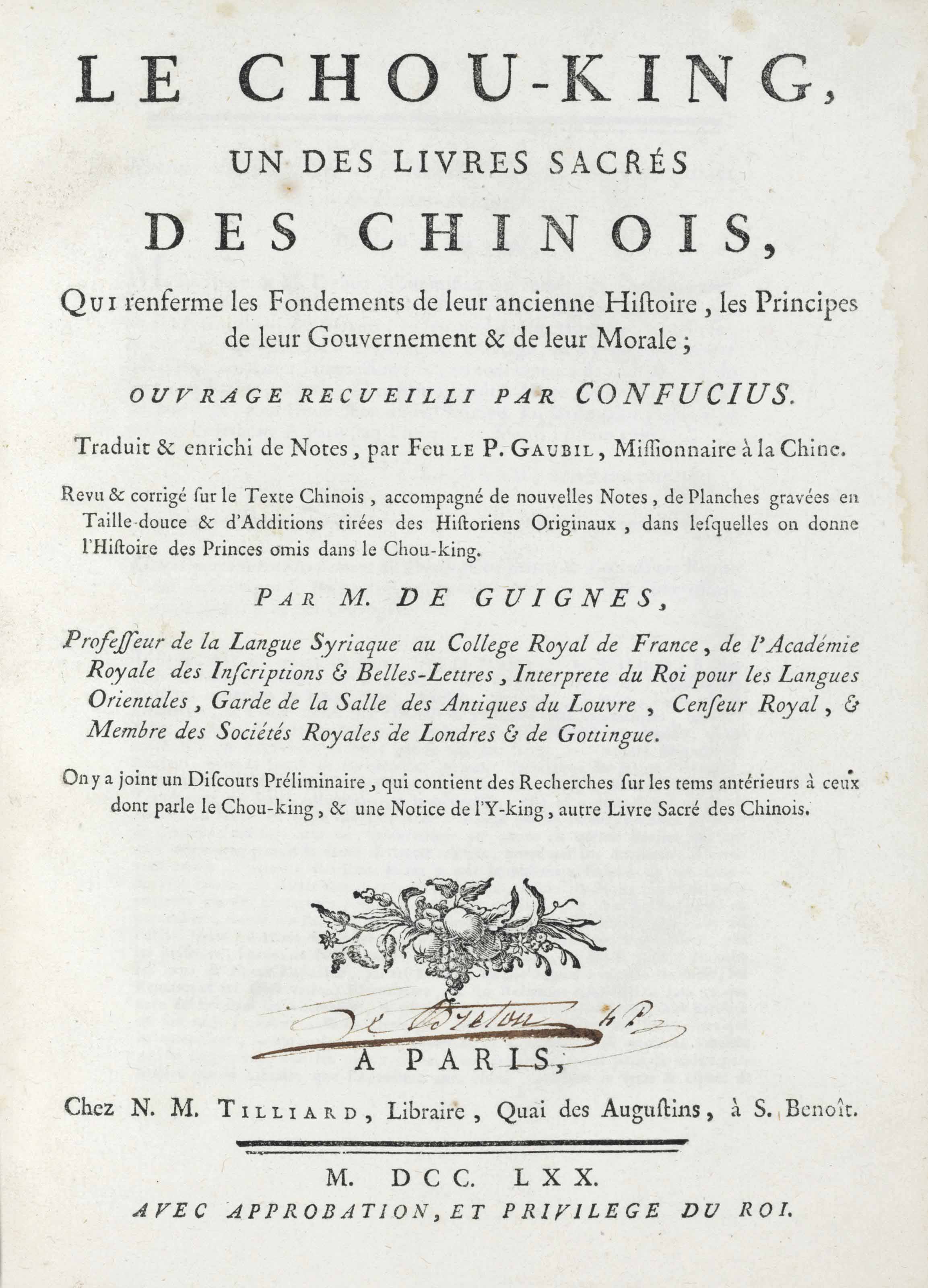 CONFUCIUS, compiler. Le Chou-King, un des livres sacrés des Chinois ...