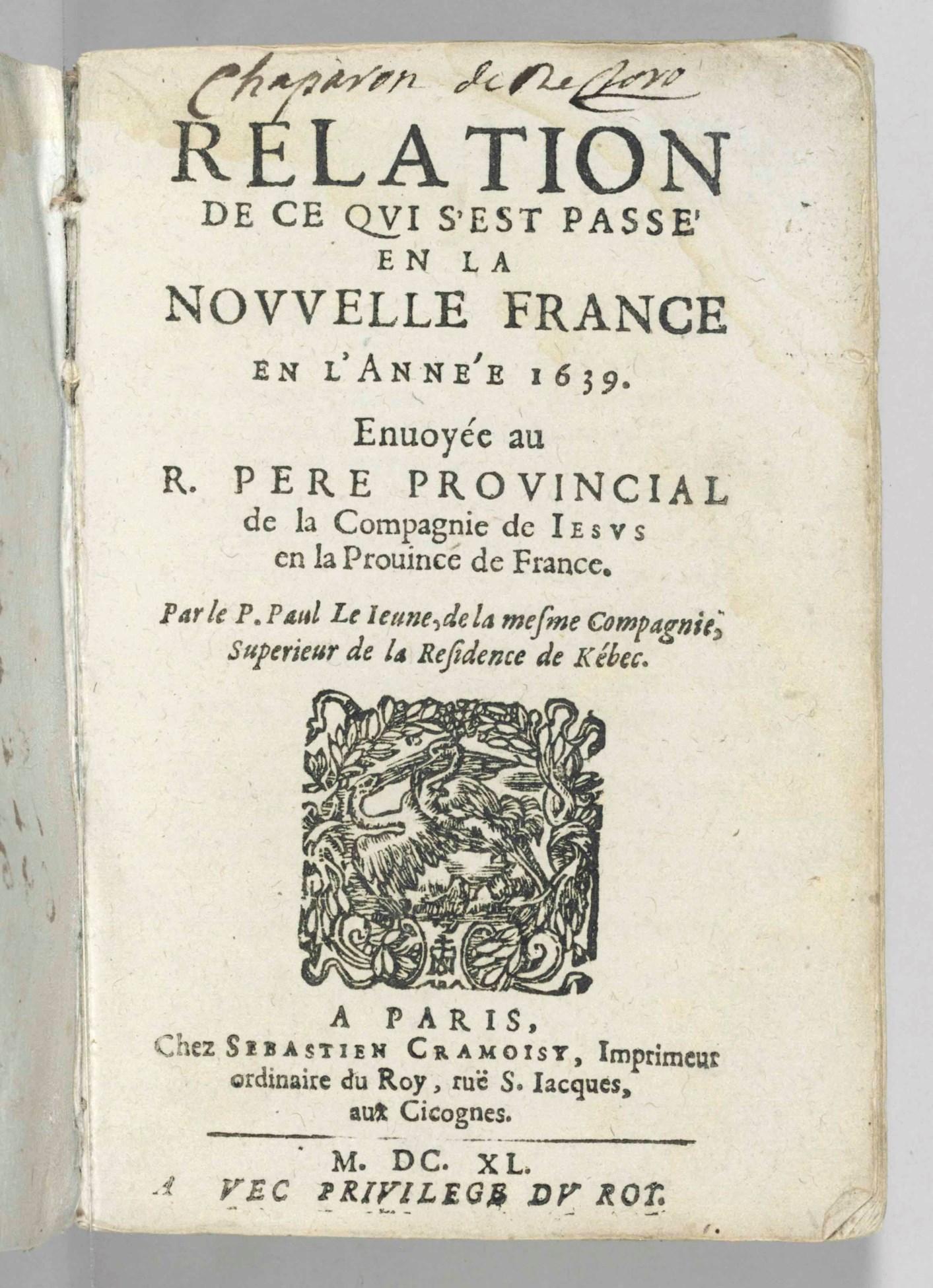 JESUIT RELATIONS – LE JEUNE, Paul (1592-1664). Relation de ce qui s’est ...