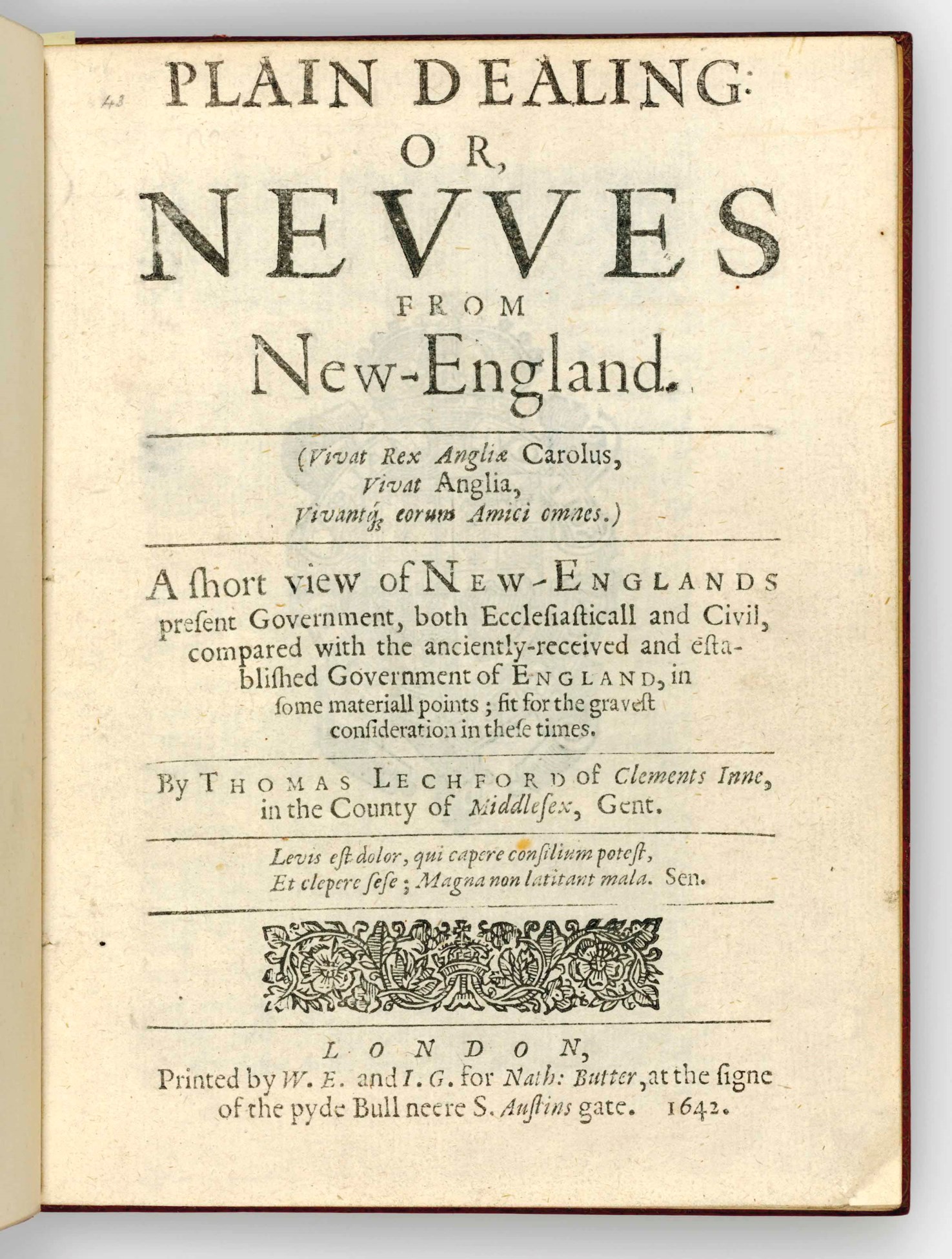 LECHFORD, Thomas (ca 1590-1644). Plain Dealing: or, Nevves from New ...