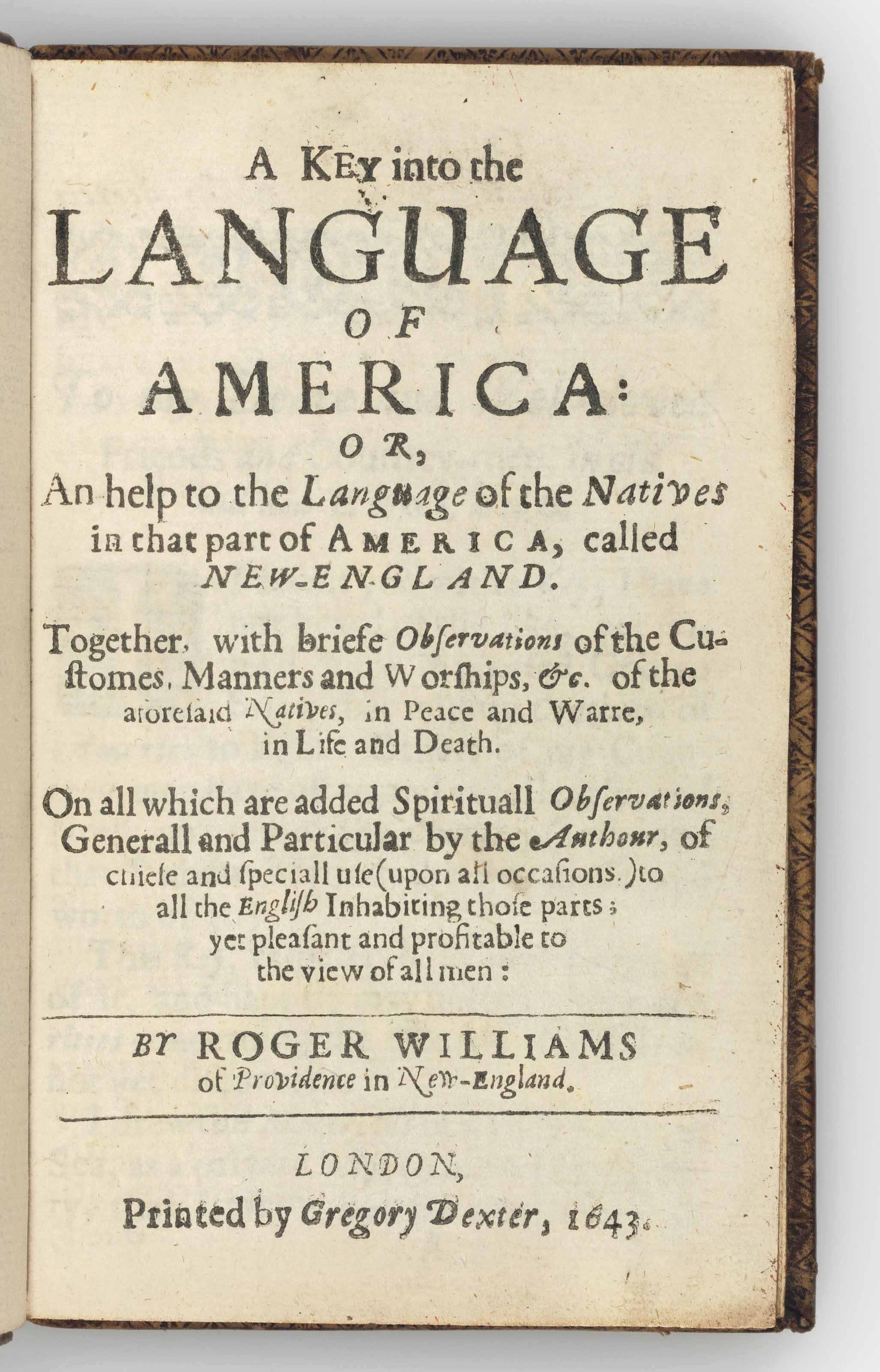 WILLIAMS, Roger (ca 1603-1683). A Key into the Language of America: or ...