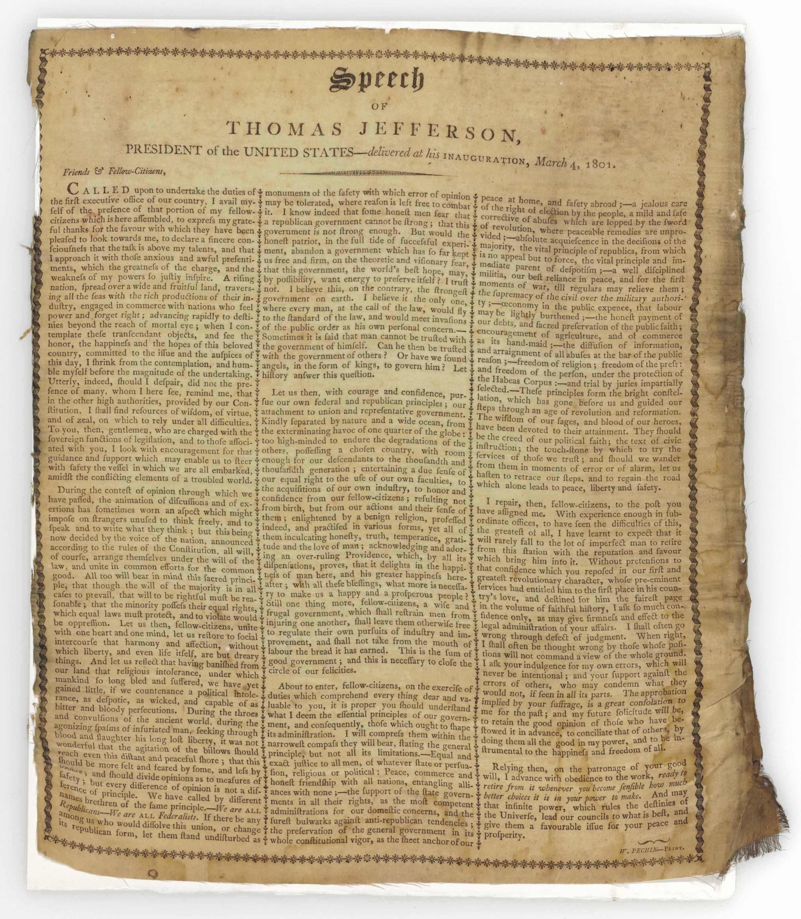 JEFFERSON, Thomas (1743-1826). Speech of THOMAS JEFFERSON, PRESIDENT of ...