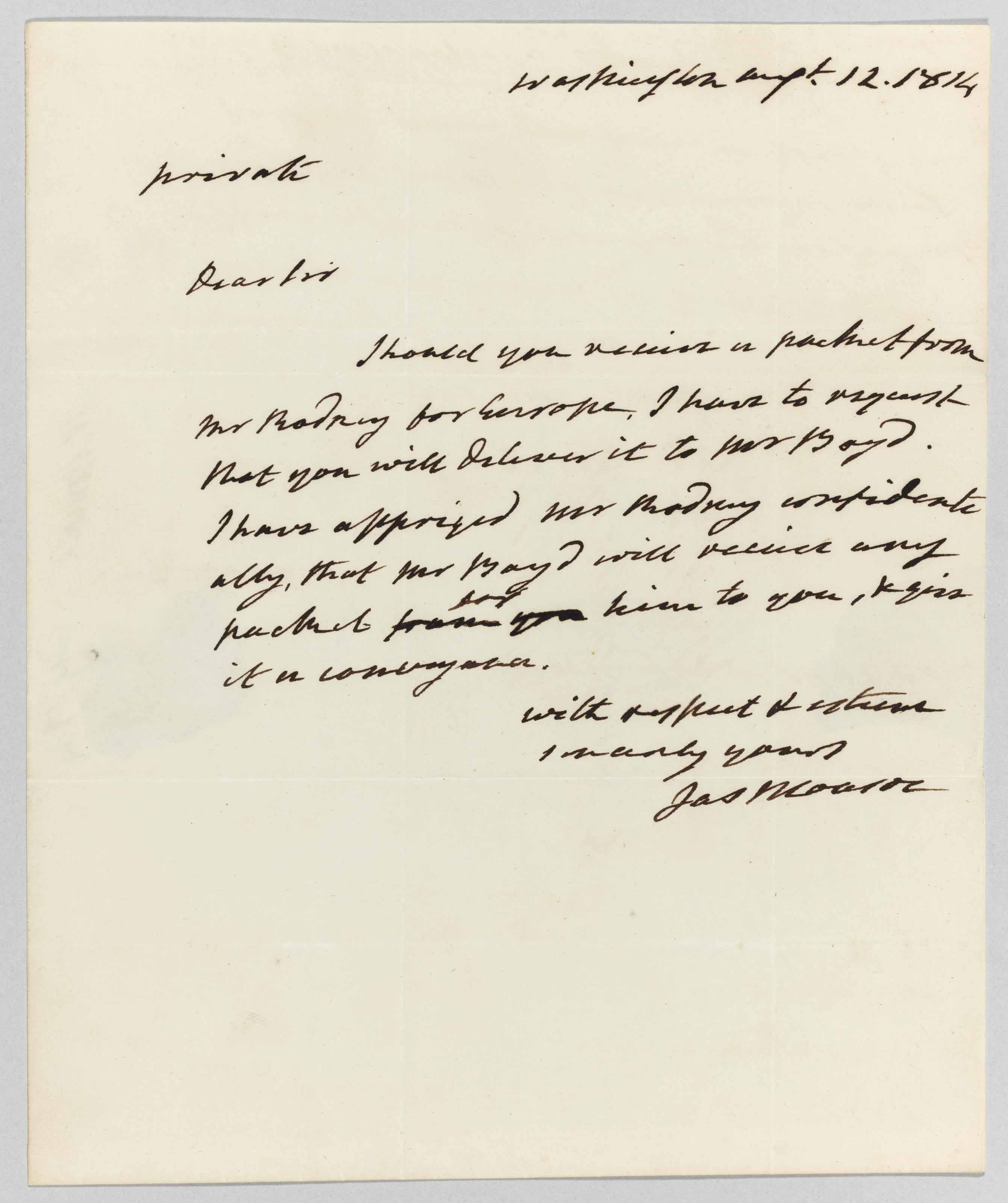 MONROE, James (1758-1831) Autograph letter signed (“Jas Monroe”) as ...