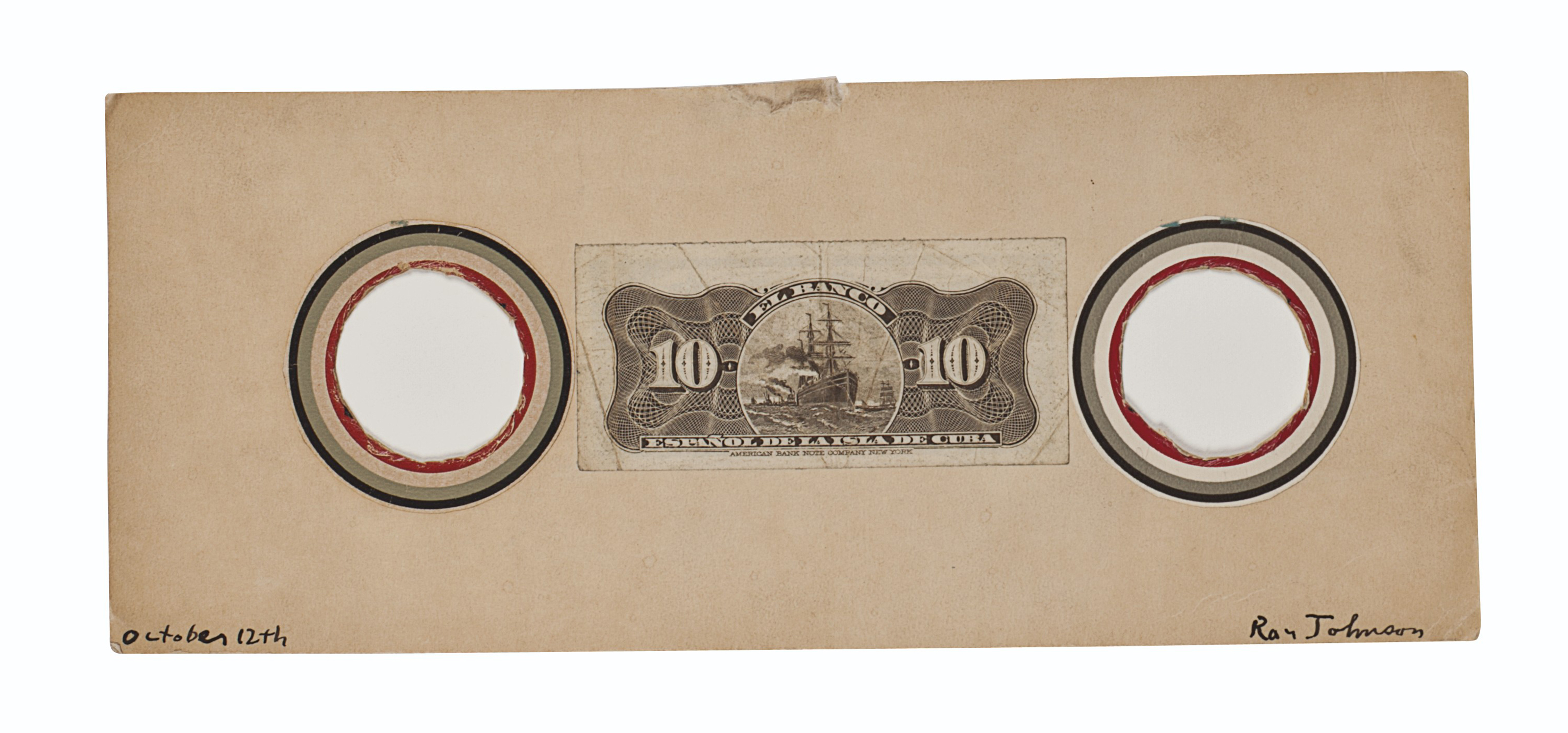 RAY JOHNSON (1927-1995), Lucky- Two Cut Out Lucky's with El Banco Cuba ...