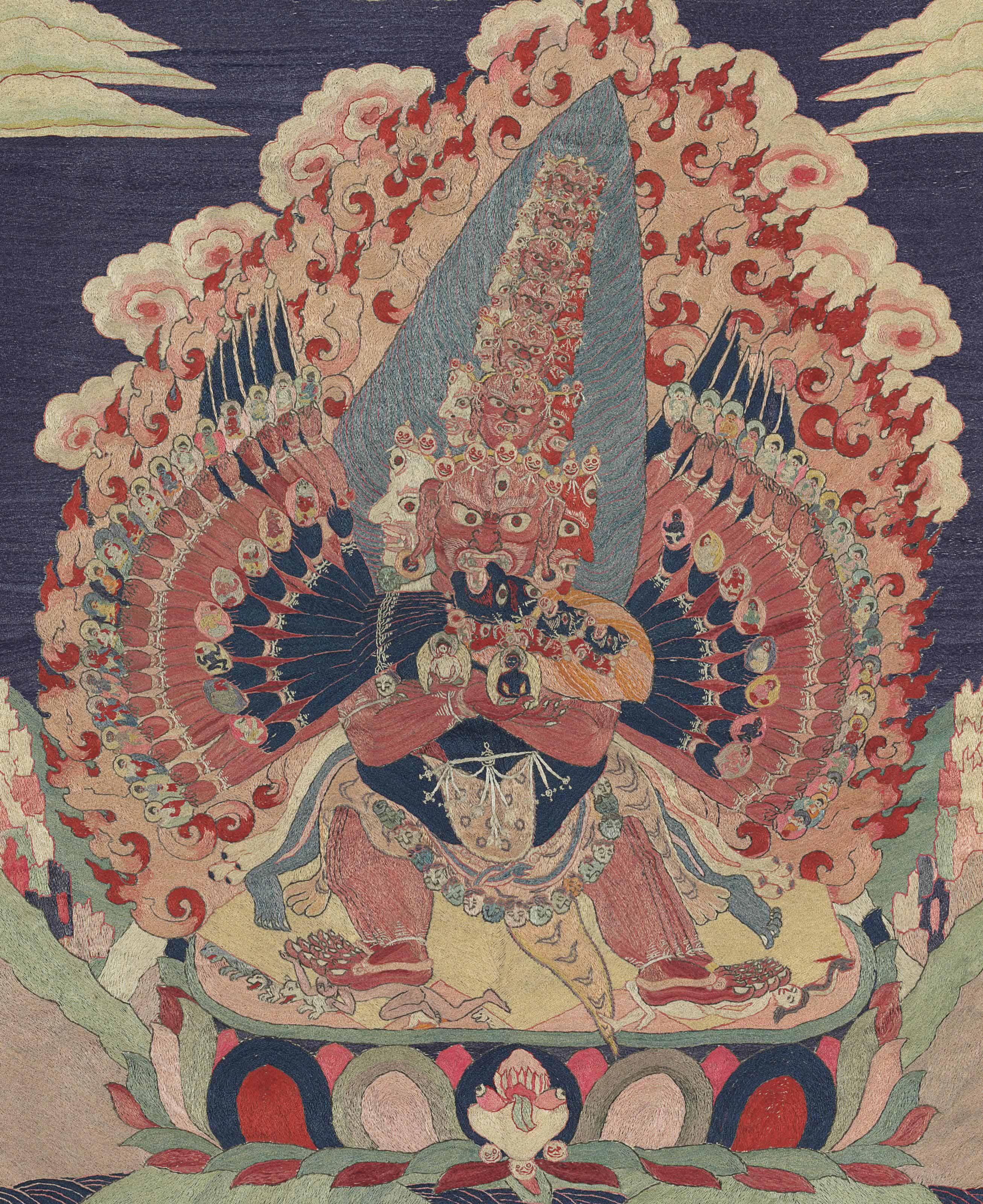 A SILK EMBROIDERED THANGKA OF MAHOTTARA HERUKA , TIBET, 19TH CENTURY ...