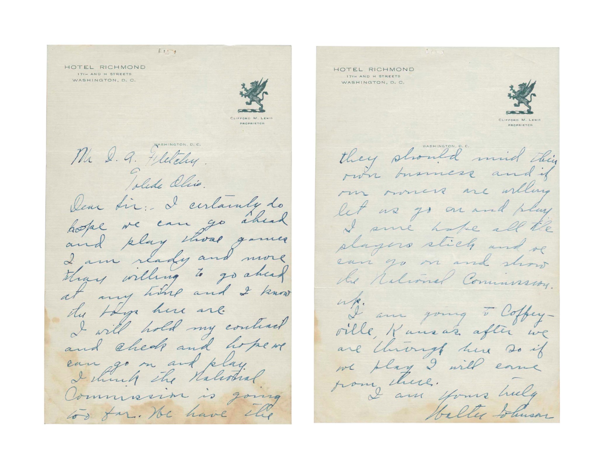 WALTER JOHNSON HANDWRITTEN LETTER