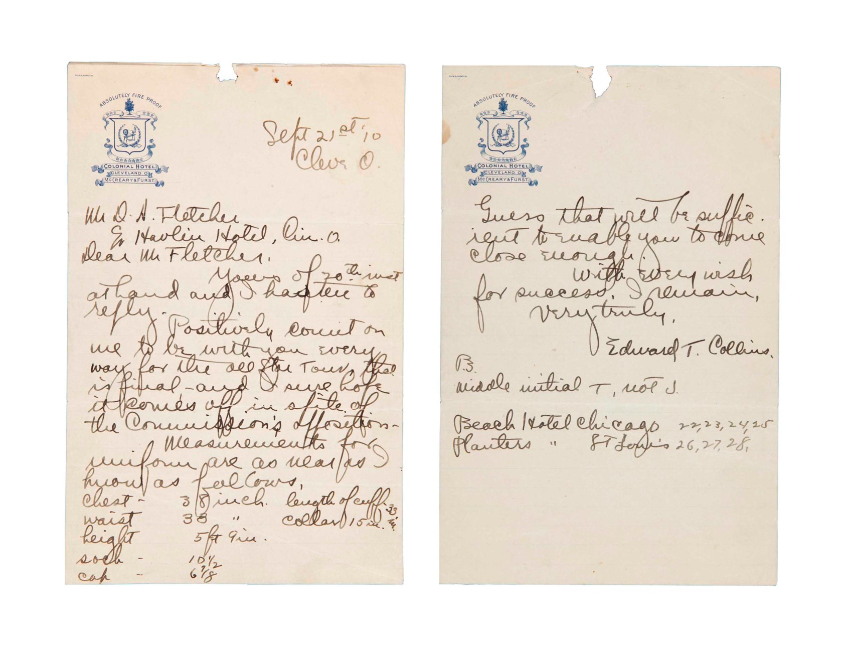 EDDIE COLLINS HANDWRITTEN LETTER