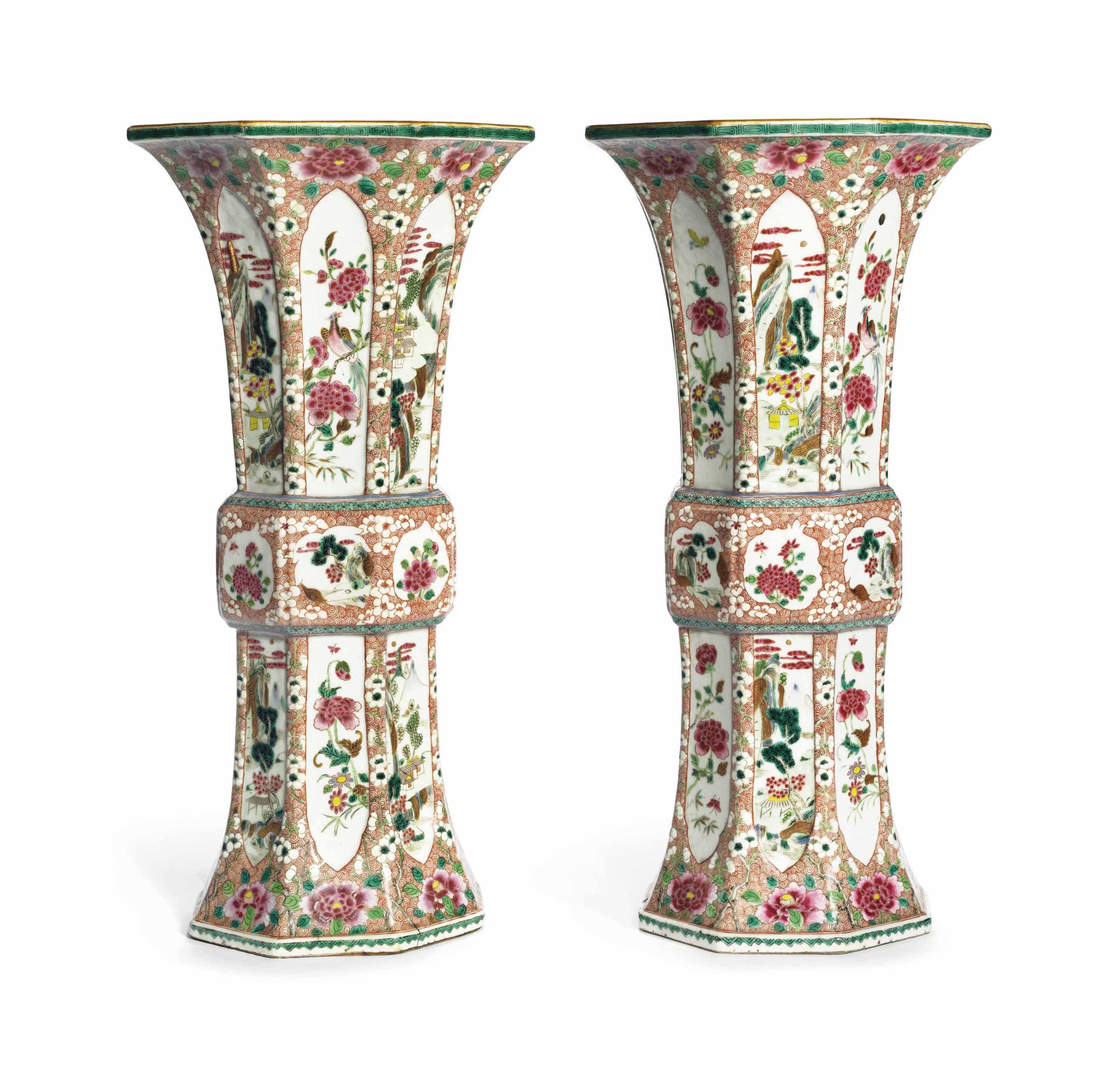 A PAIR OF LARGE FAMILLE ROSE FACETED BEAKER VASES