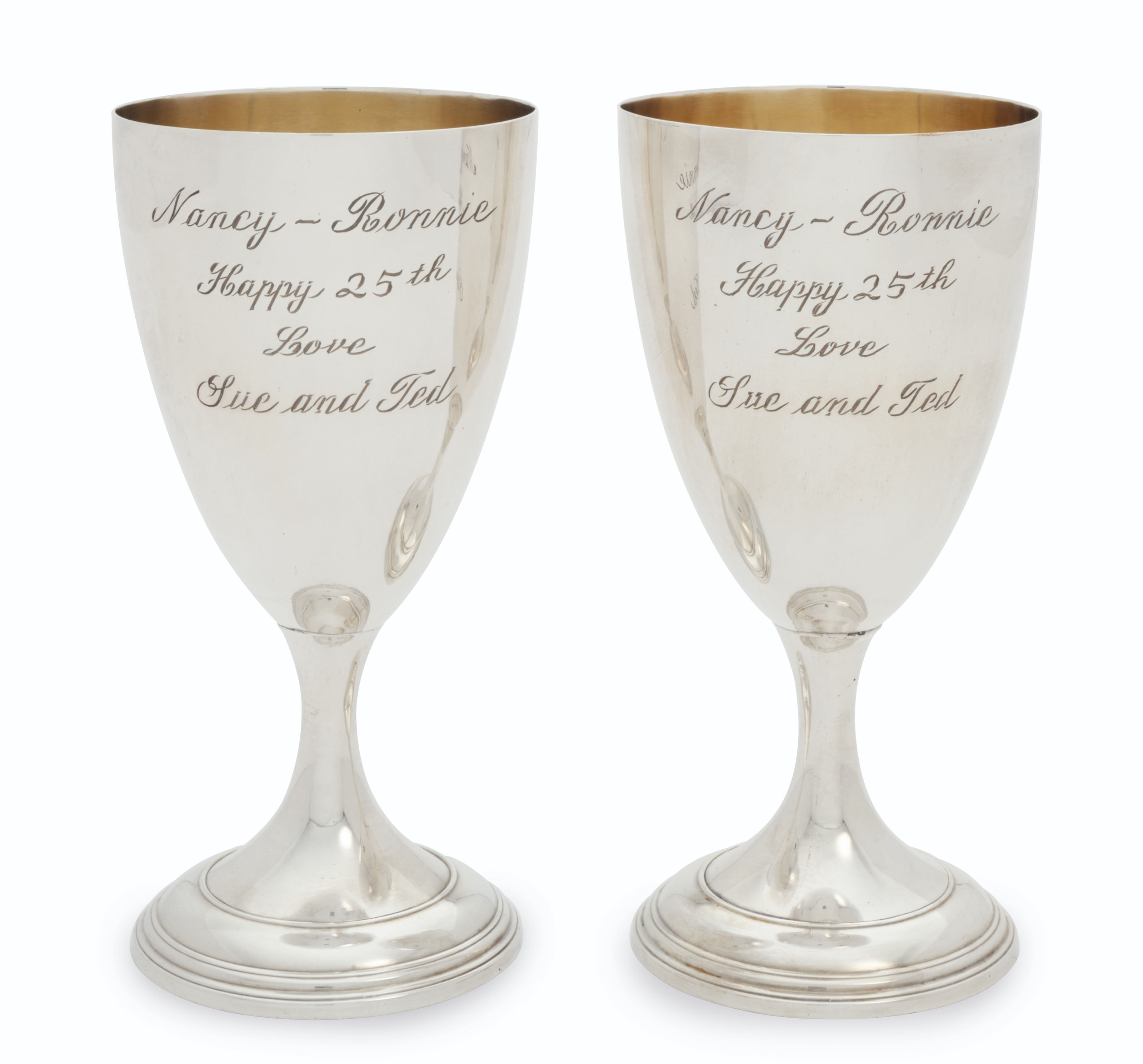 A PAIR OF SILVER-PLATE PRESENTATION GOBLETS, A 25TH WEDDING ANNIVERSARY ...