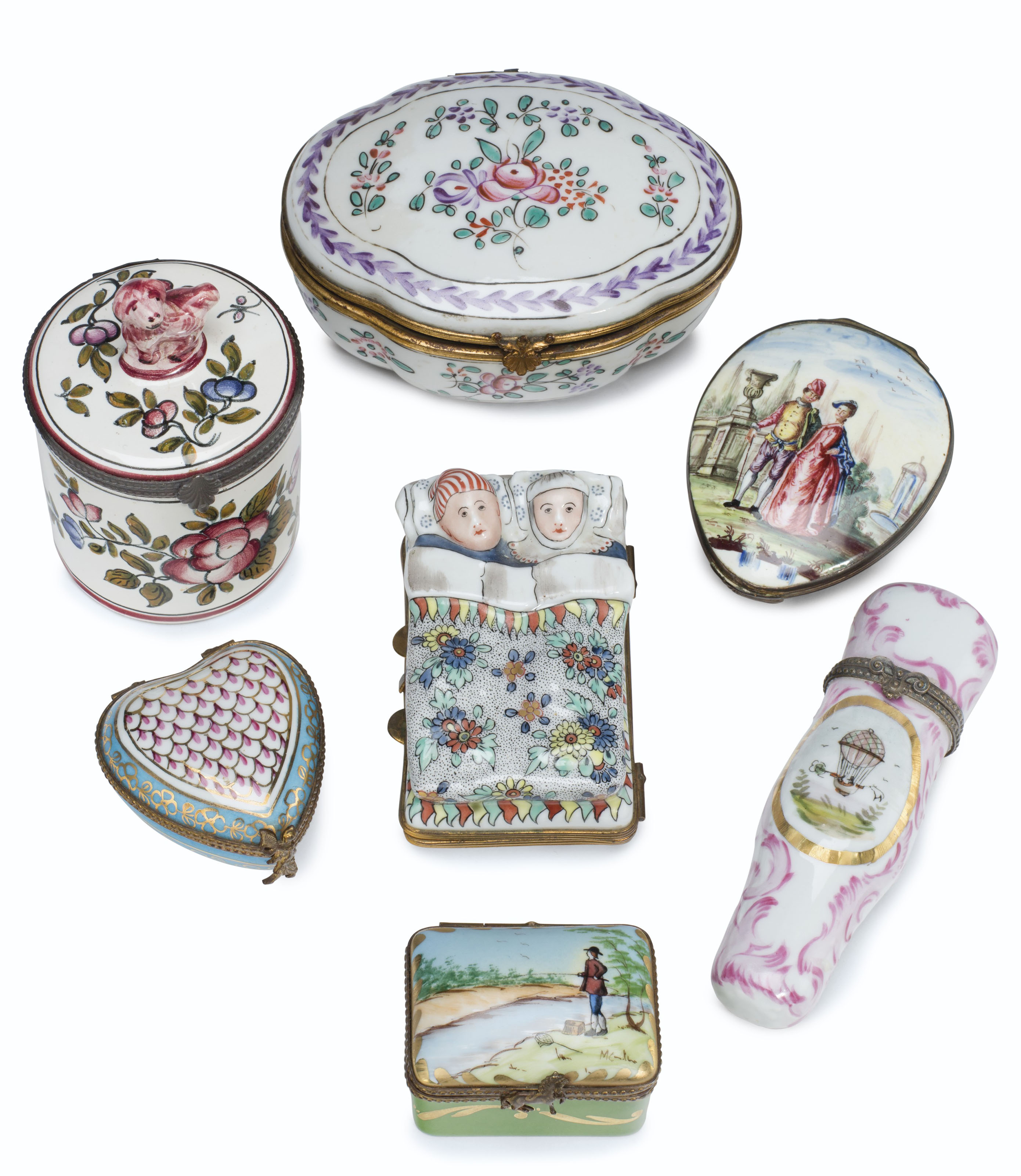 A GROUP OF ENGLISH AND FRENCH PORCELAIN SNUFF-BOXES AND BONBONERIES ...