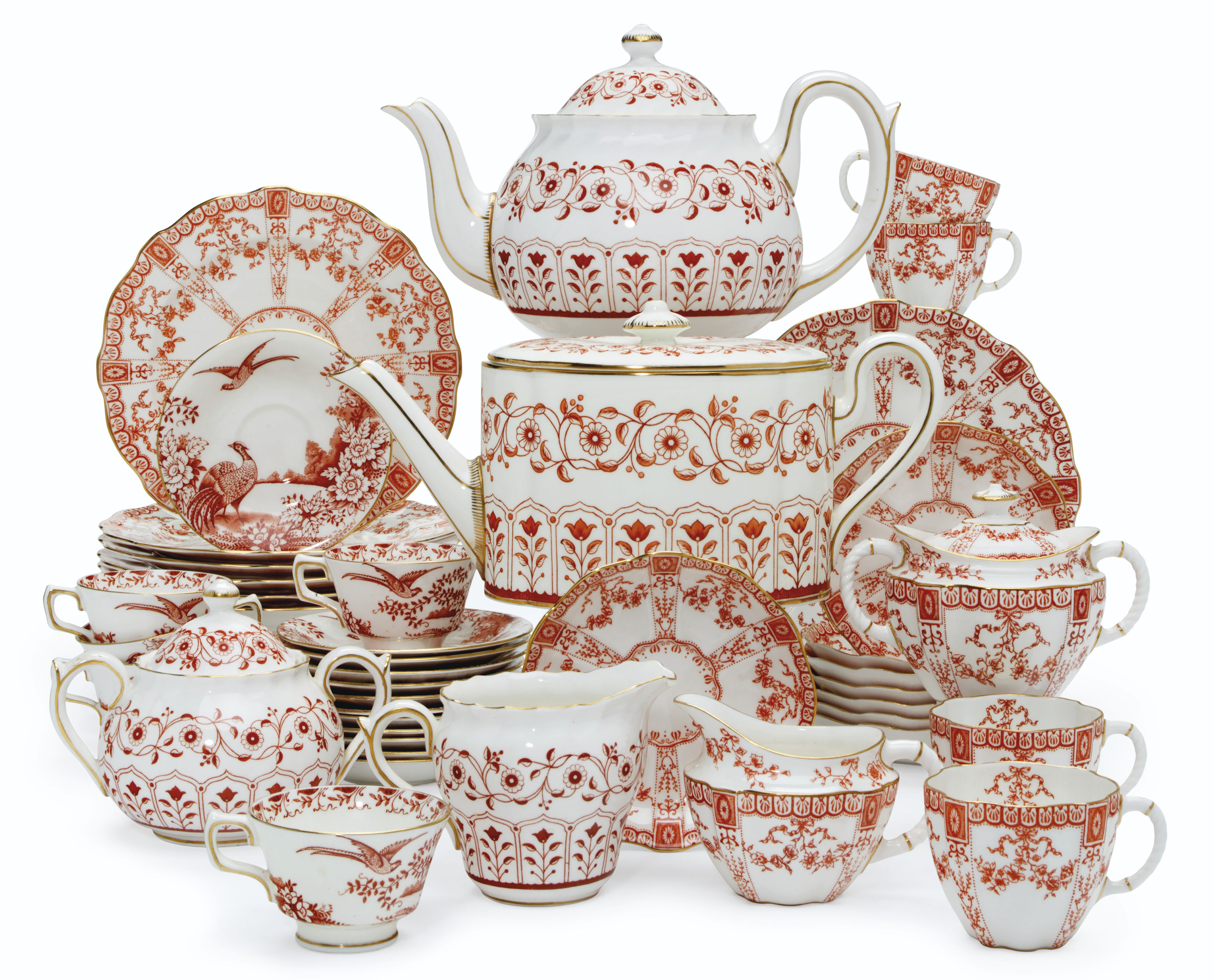 AN ASSEMBLED ENGLISH PORCELAIN IRON-RED DECORATED PART TEA SERVICE ...