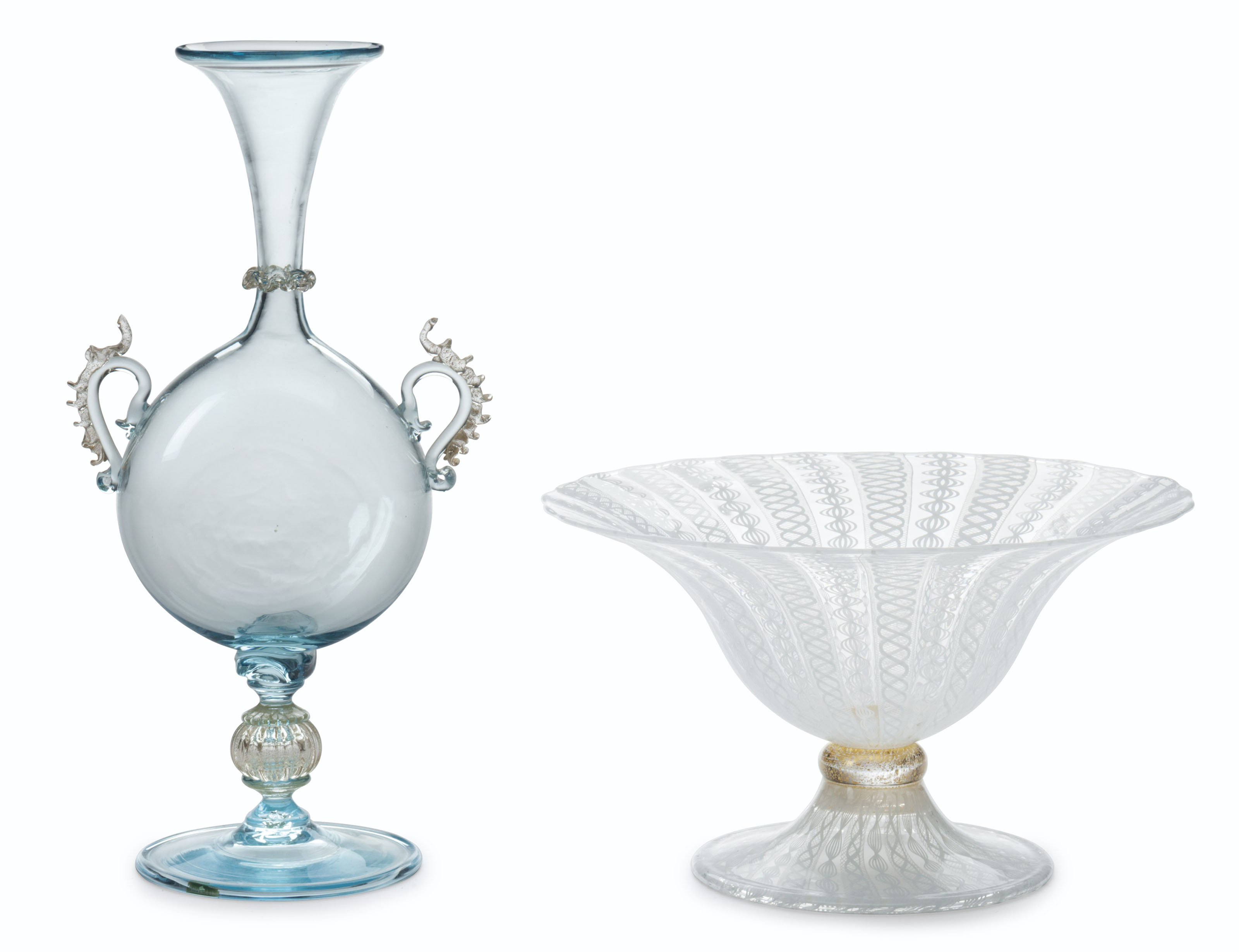 A VENETIAN (MURANO) TRANSLUCENT-BLUE VASE AND LATTICINIO GLASS COMPOTE ...