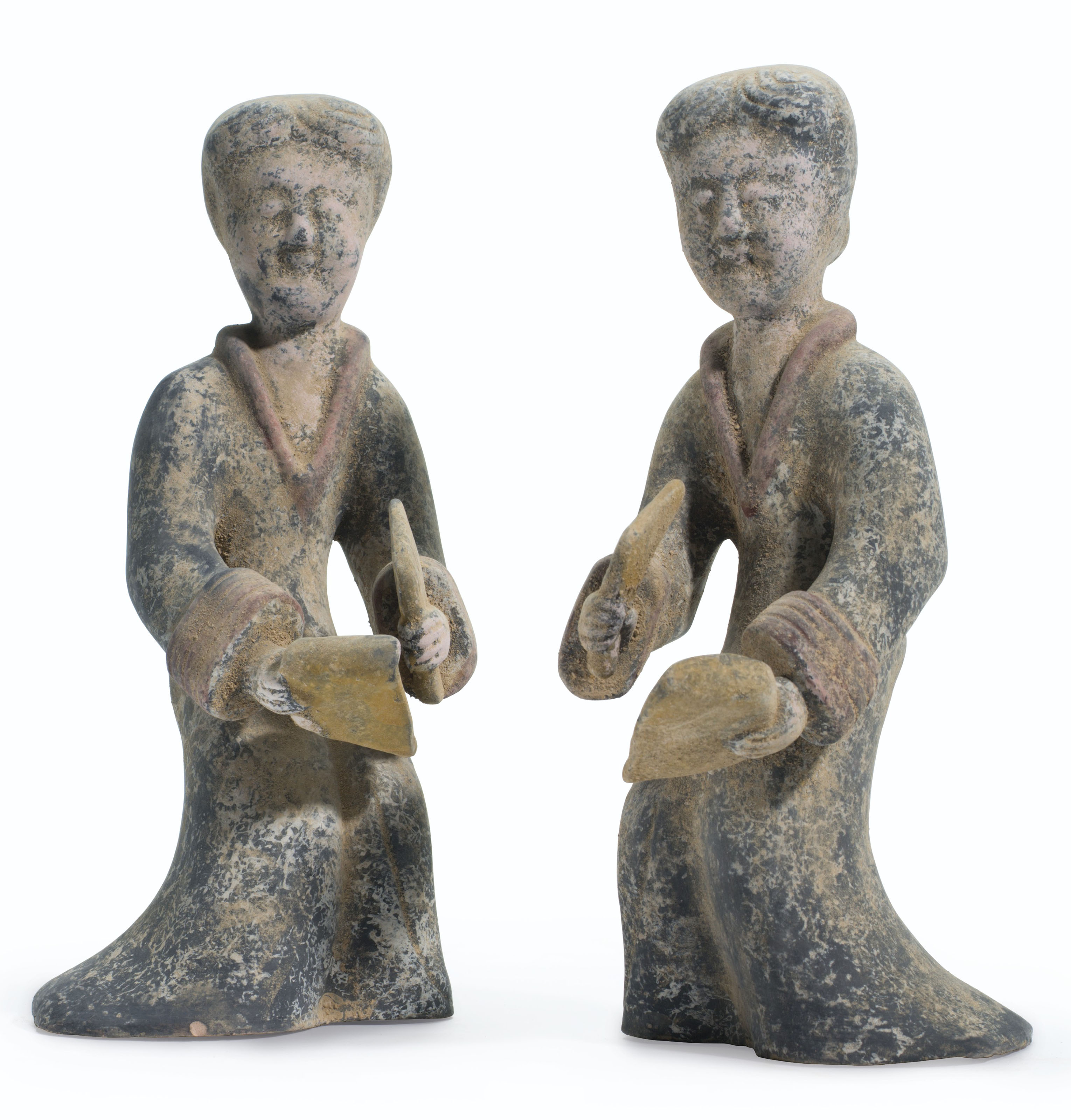 A PAIR OF CHINESE HAN-STYLE PAINTED GREY POTTERY FIGURES OF FEMALE ...