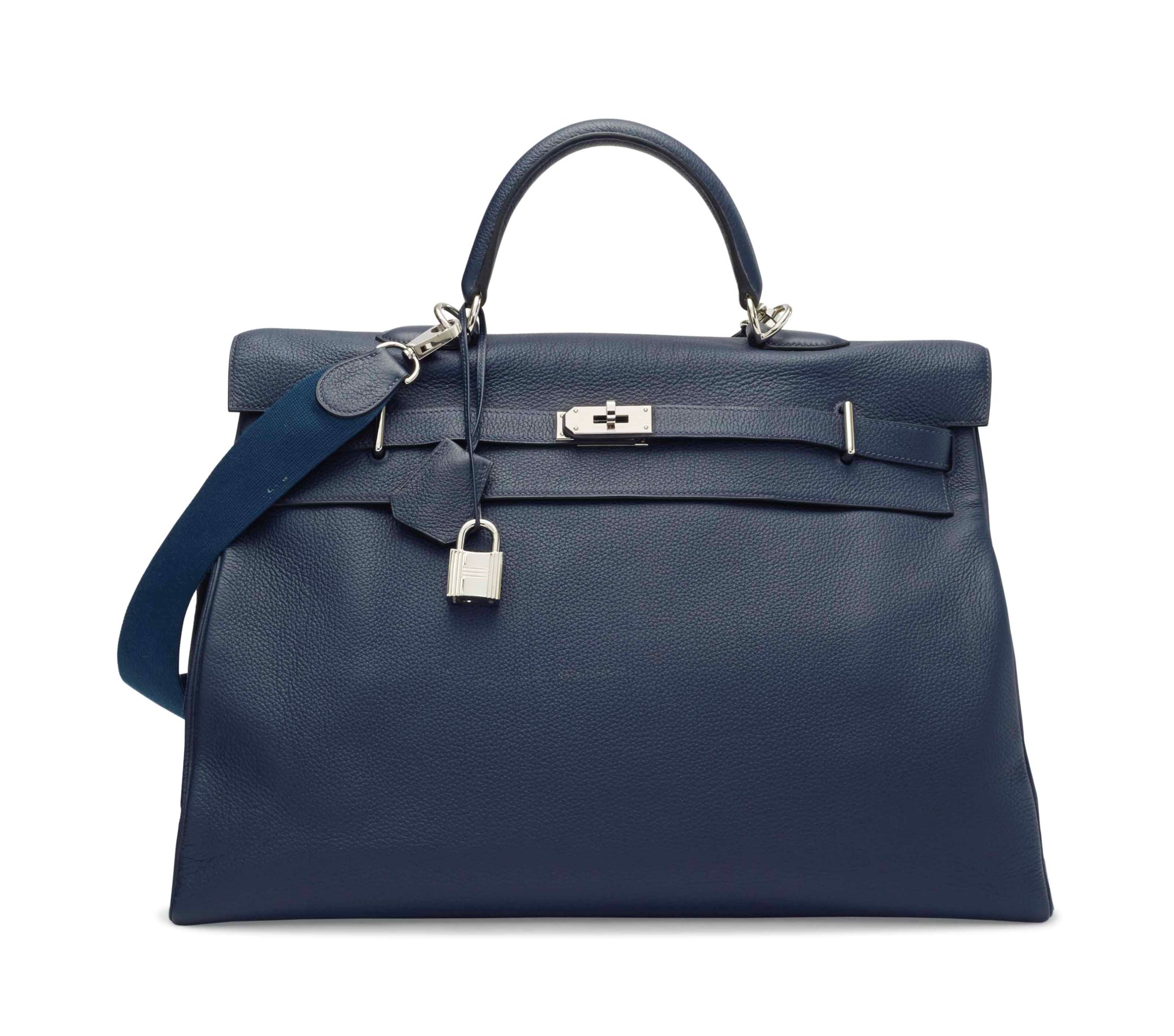 SAC KELLY VOYAGE 50 EN CUIR CLÉMENCE BLEU DE PRUSSE, GARNITURE EN MÉTAL ...