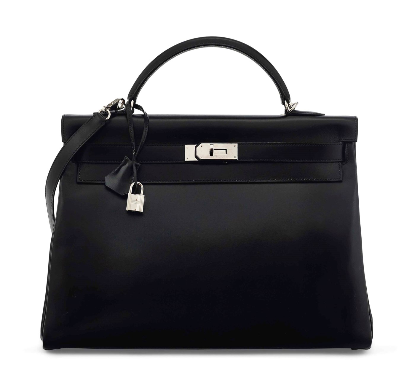 SAC KELLY RETOURNÉ 40 EN VEAU BOX NOIR, GARNITURE EN MÉTAL ARGENTÉ ...