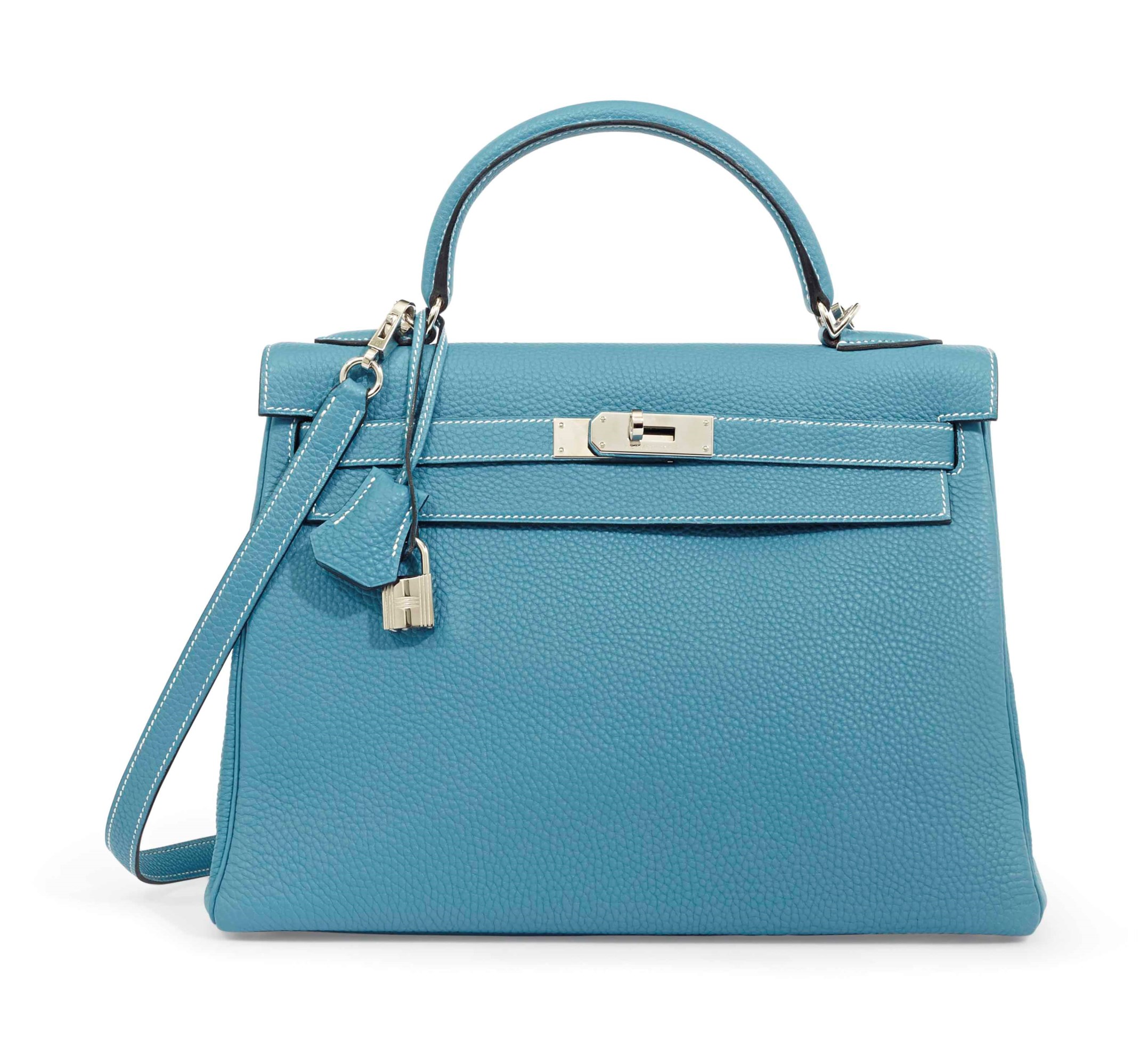 SAC KELLY RETOURNÉ 32 EN CUIR CLÉMENCE BLEU JEAN, GARNITURE EN MÉTAL ...