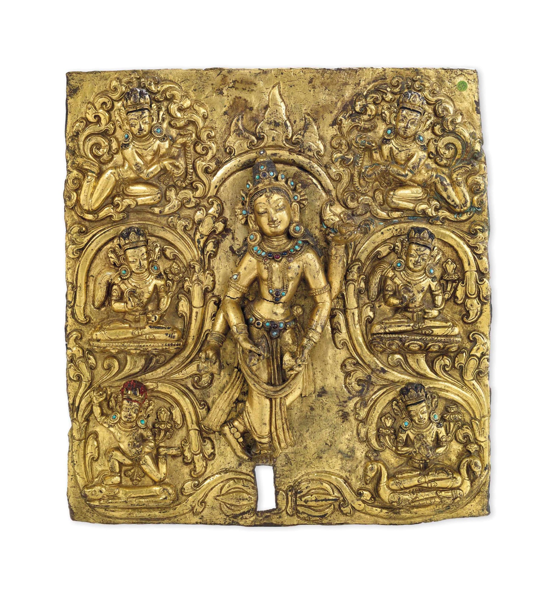 RARE PLAQUE EN BRONZE DORE, TIBET, DENSATIL, DEBUT DU XVIEME SIECLE ...