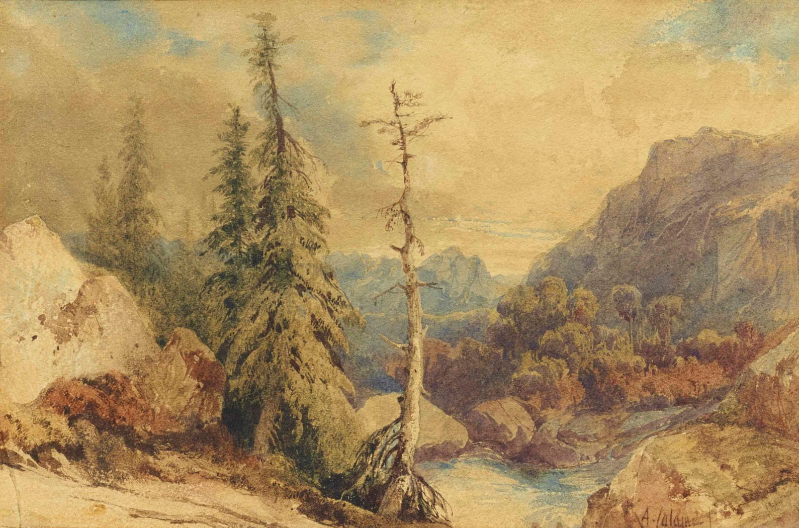 ALEXANDRE CALAME (1810-1864), Torrent de montagne et arbres, um 1850 ...