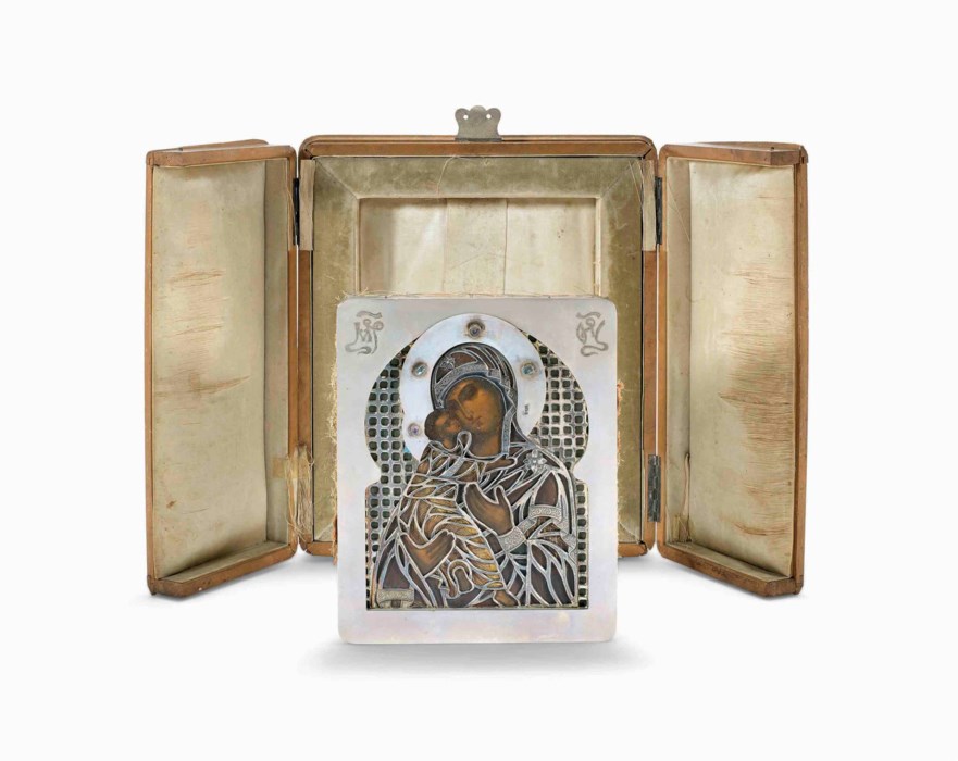 A GEM-SET PARCEL-GILT SILVER-MOUNTED ICON OF THE MOTHER OF GOD, BY OLOVYANISHNIKOV SONS, MARK OF ...