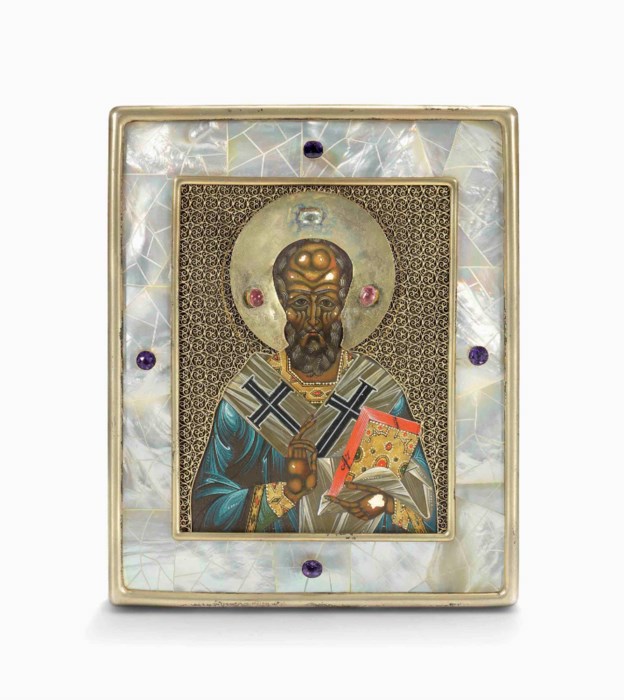 A GEM-SET SILVER-GILT AND MOTHER-OF-PEARL ICON OF ST NICHOLAS, BY OLOVYANISHNIKOV SONS, MARK OF ...