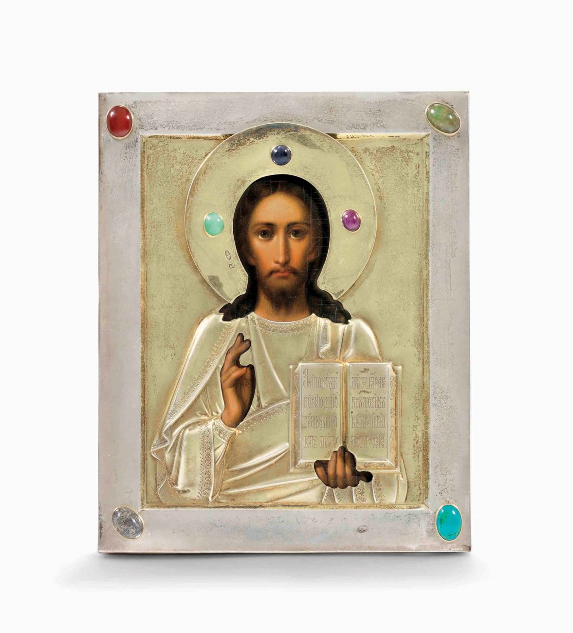 A GEM-SET PARCEL-GILT SILVER-MOUNTED ICON OF CHRIST PANTOCRATOR, PROBABLY BY OLOVYANISHNIKOV ...