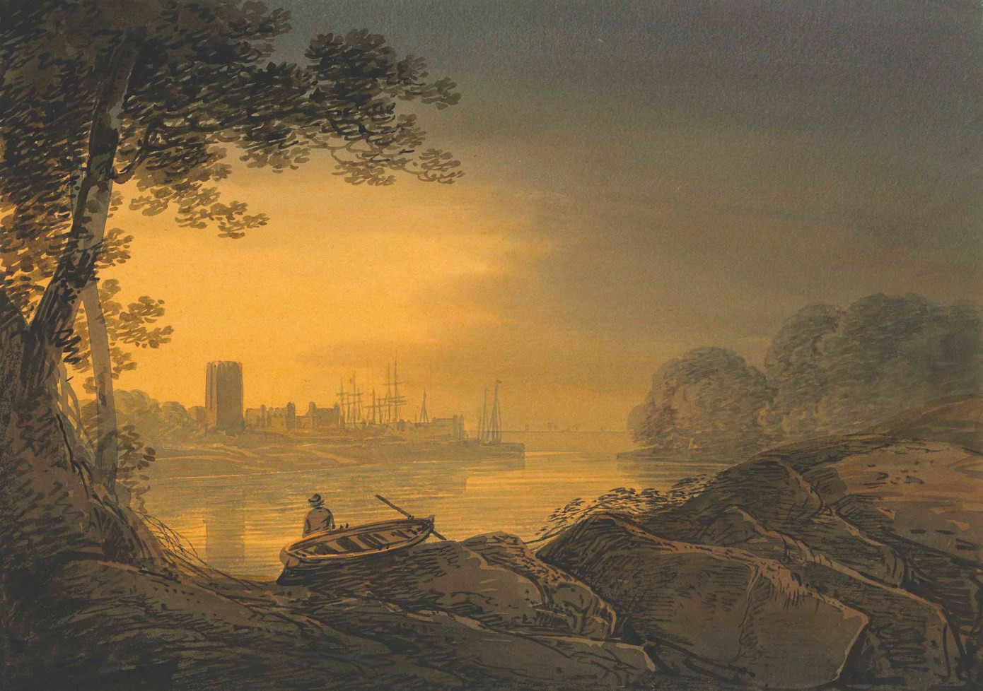 William Payne, O.W.S. (London 1760-1833), Sunset over a harbour; and ...