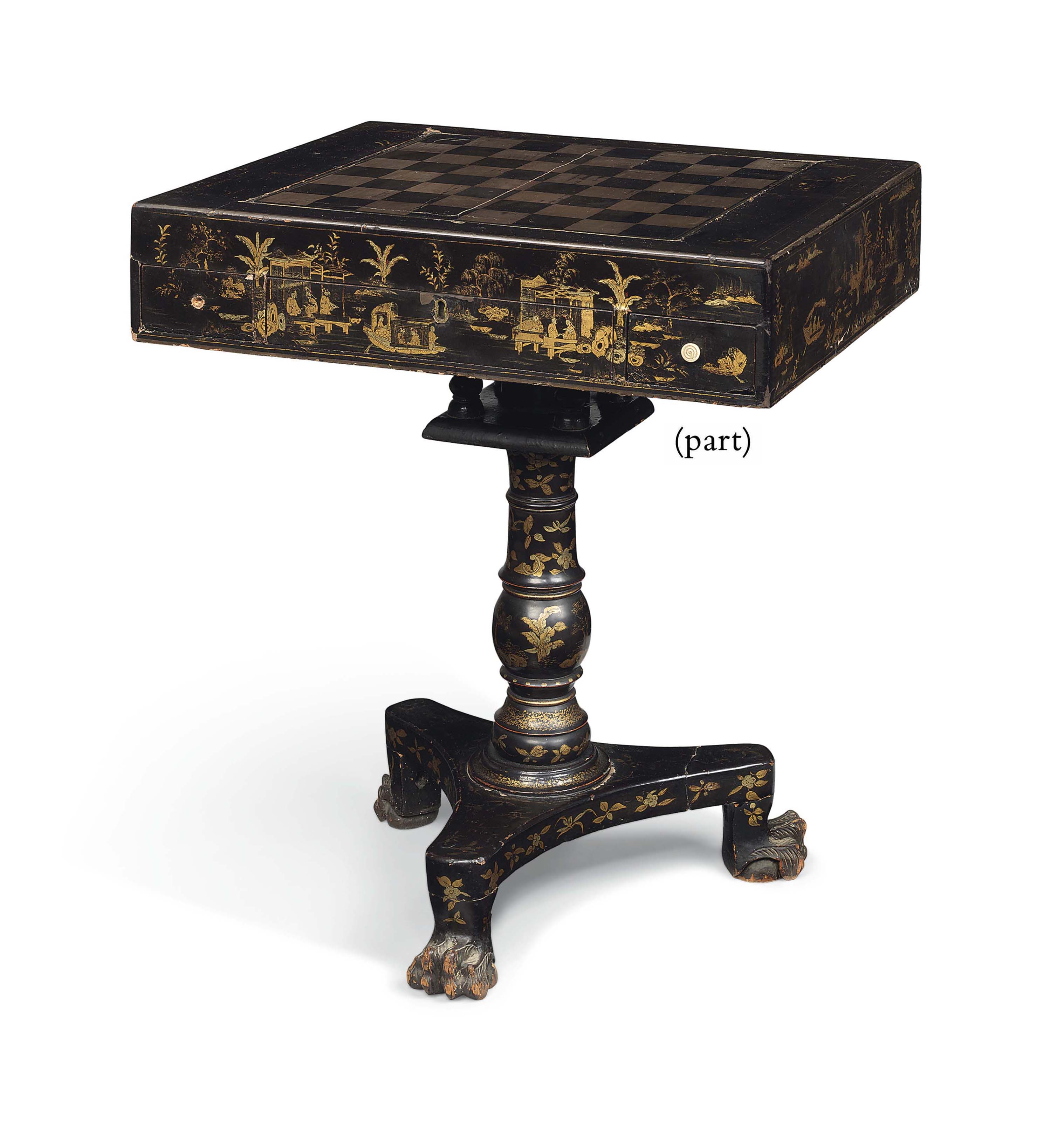 A CHINESE EXPORT BLACK AND GILT LACQUER RECTANGULAR GAMES TABLE