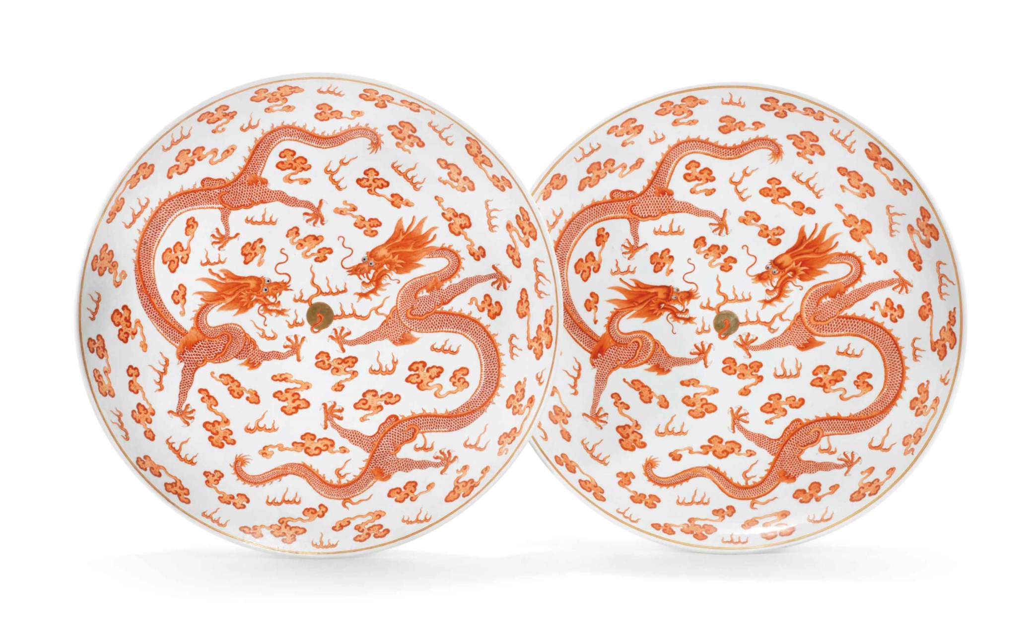 A PAIR OF LARGE IRON-RED AND GILT-DECORATED 'DRAGON' DISHES, GUANGXU ...