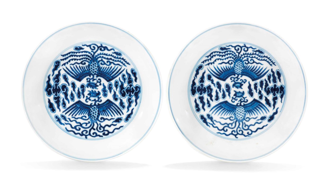 A PAIR OF SMALL BLUE AND WHITE 'DOUBLE PHOENIX' SAUCER DISHES, GUANGXU SIX-CHARACTER MARKS IN ...