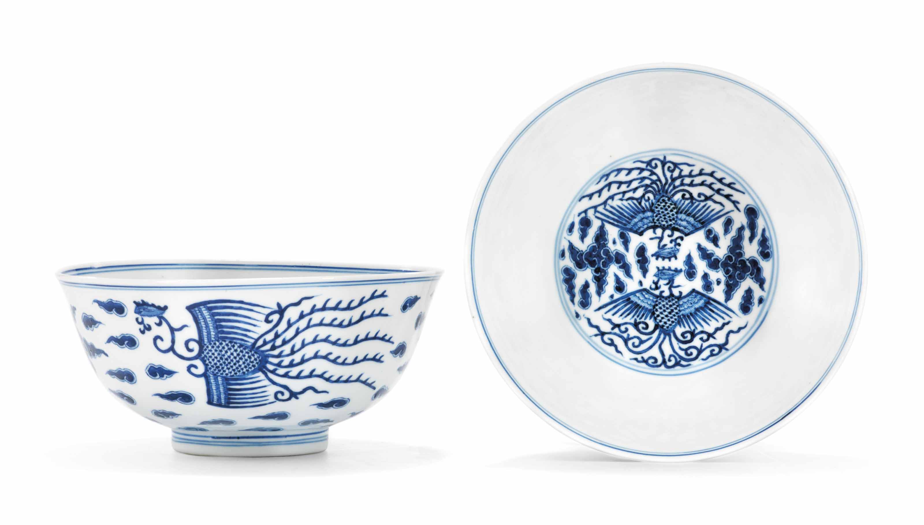 A PAIR OF SMALL BLUE AND WHITE 'DOUBLE PHOENIX' SAUCER DISHES, GUANGXU SIX-CHARACTER MARKS IN ...