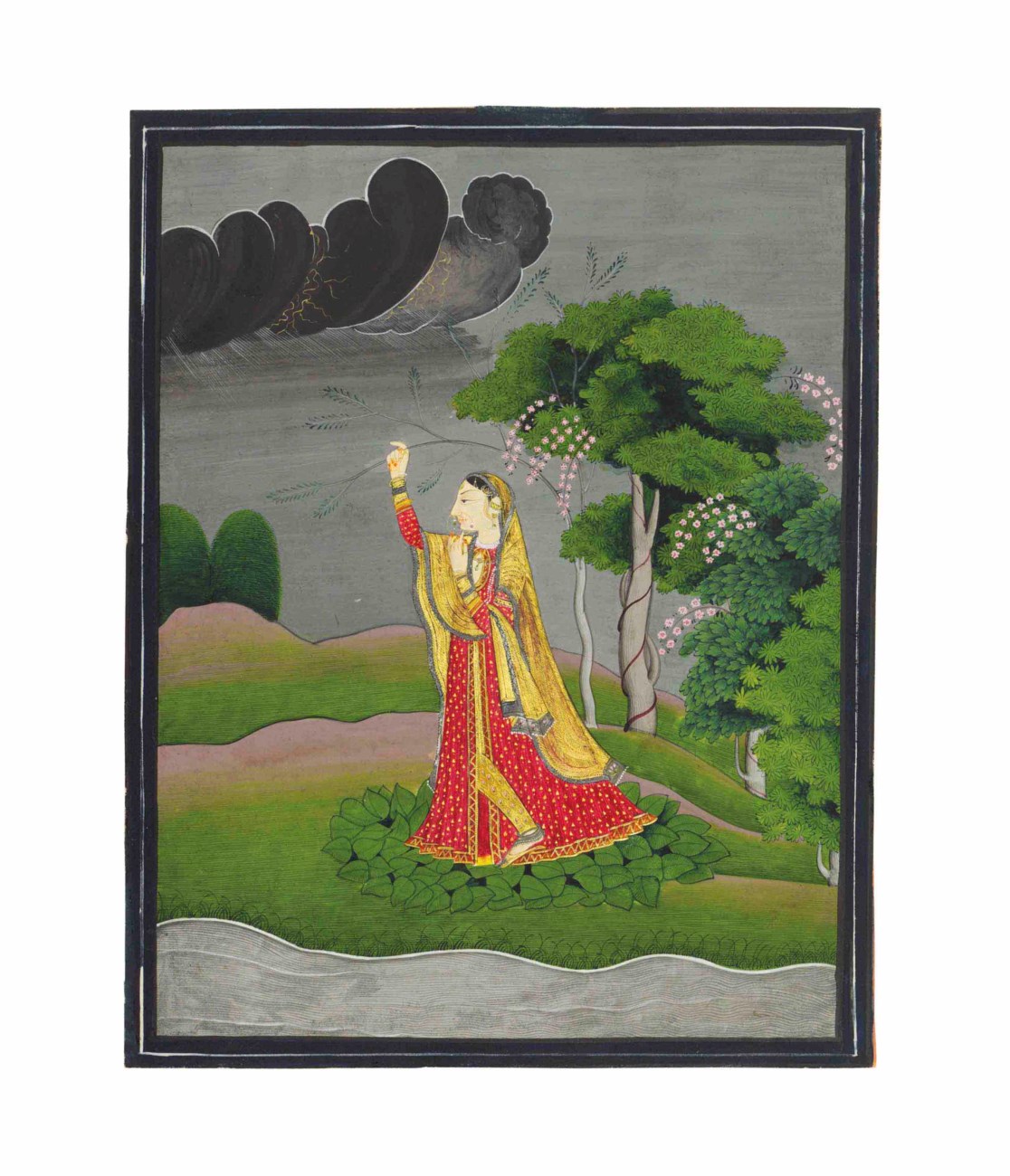 A HEROINE (NAYIKA) STANDS UNDER A STORMY SKY, KANGRA, NORTH INDIA ...