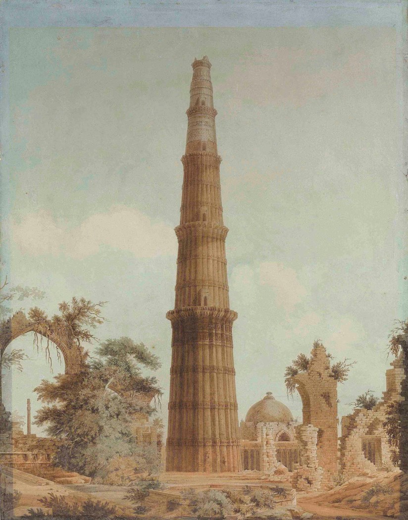 A LARGE VIEW OF THE QUTB MINAR, BY A BRITISH ARTIST, DELHI, NORTH INDIA ...