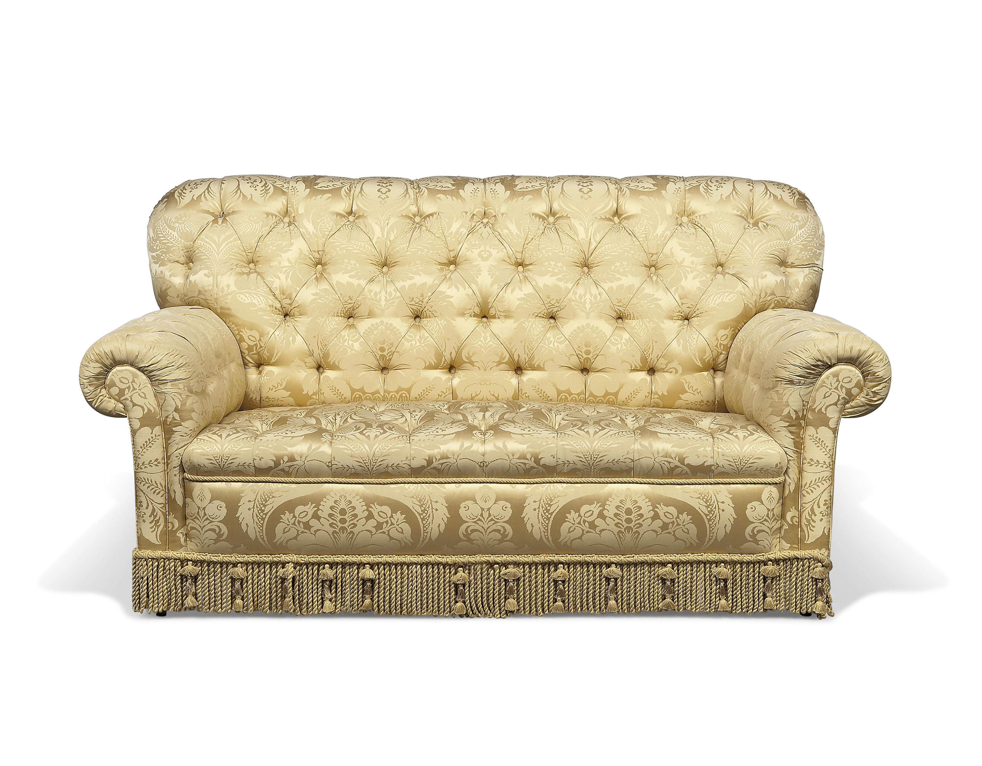A PAIR OF GOLD BUTTONED SILK DAMASK TWO-SEAT SOFAS