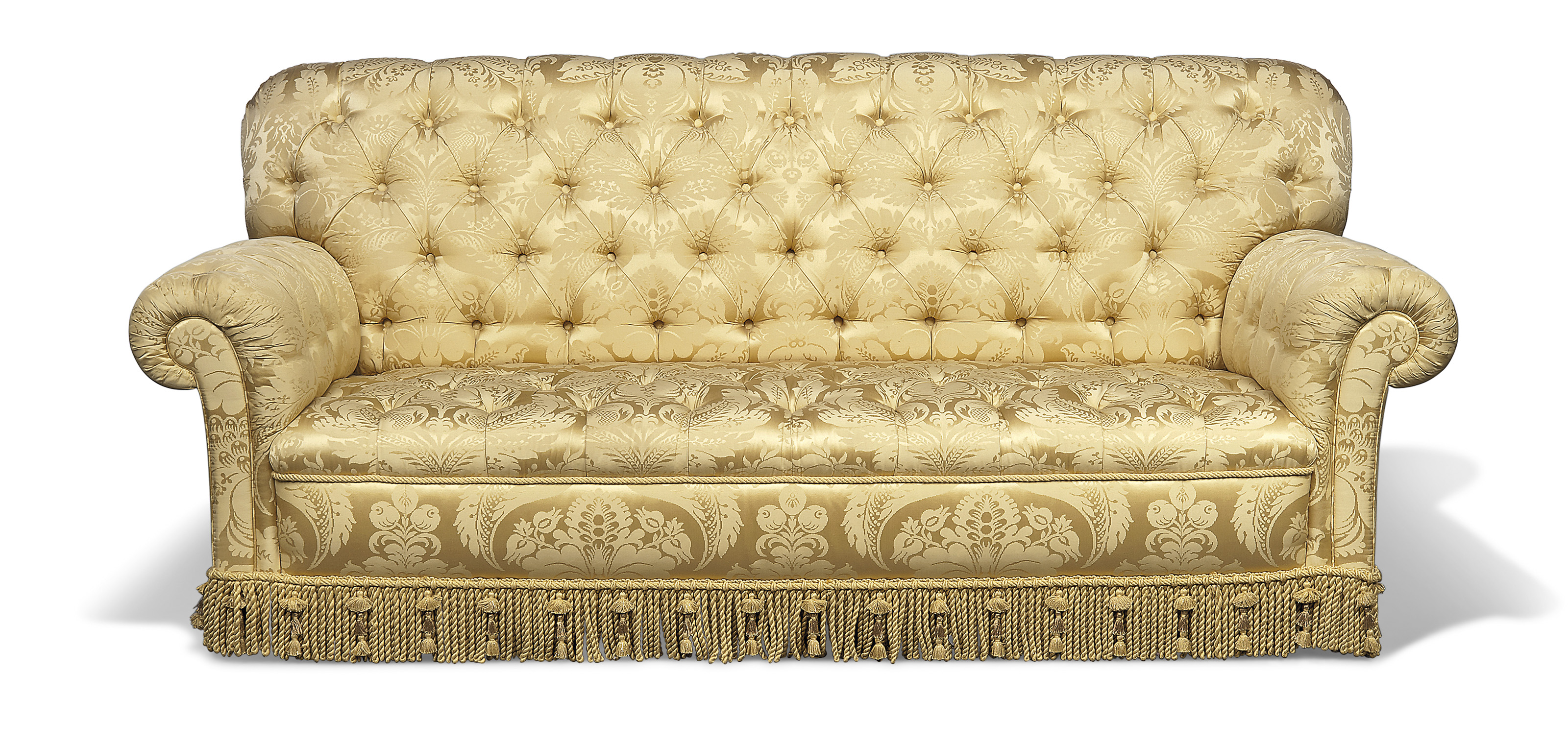 A PAIR OF GOLD BUTTONED SILK DAMASK THREE-SEATER SOFAS