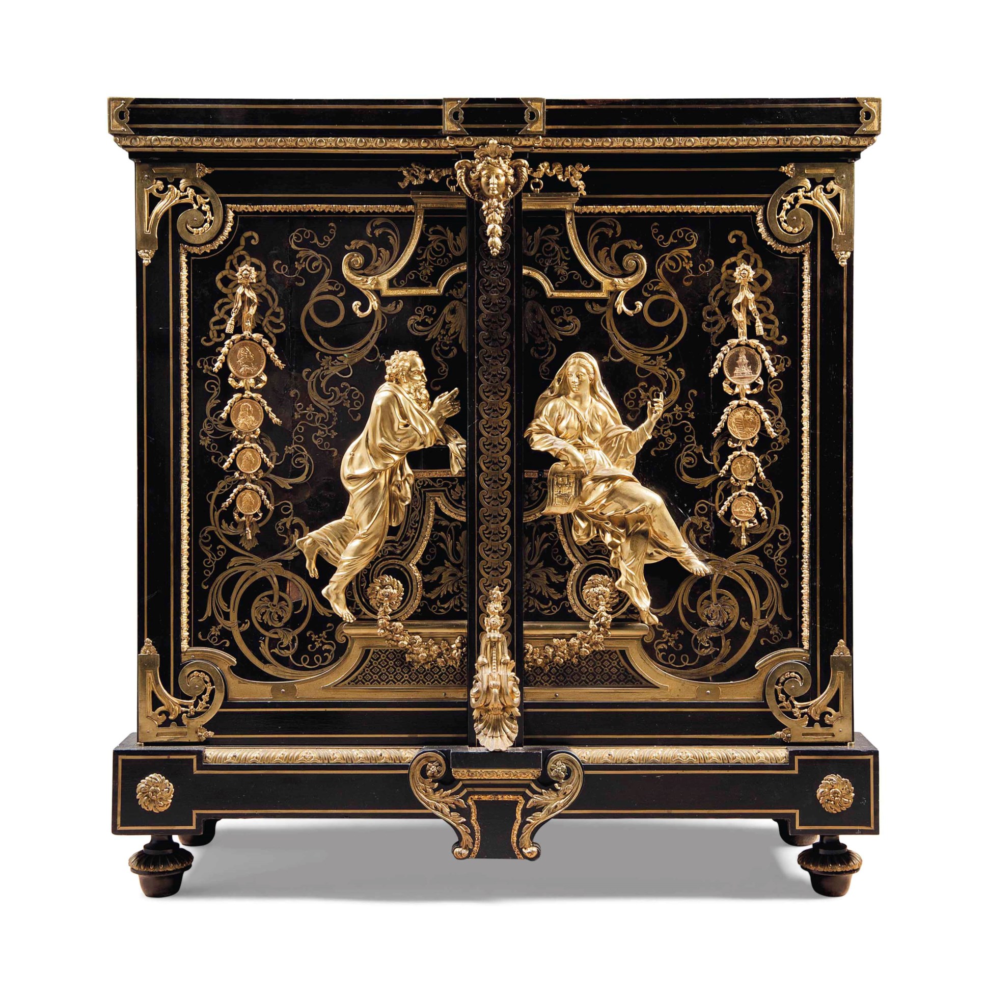 A FRENCH ORMOLU-MOUNTED, BRASS-INLAID TORTOISESHELL `BOULLE' MARQUETRY ...