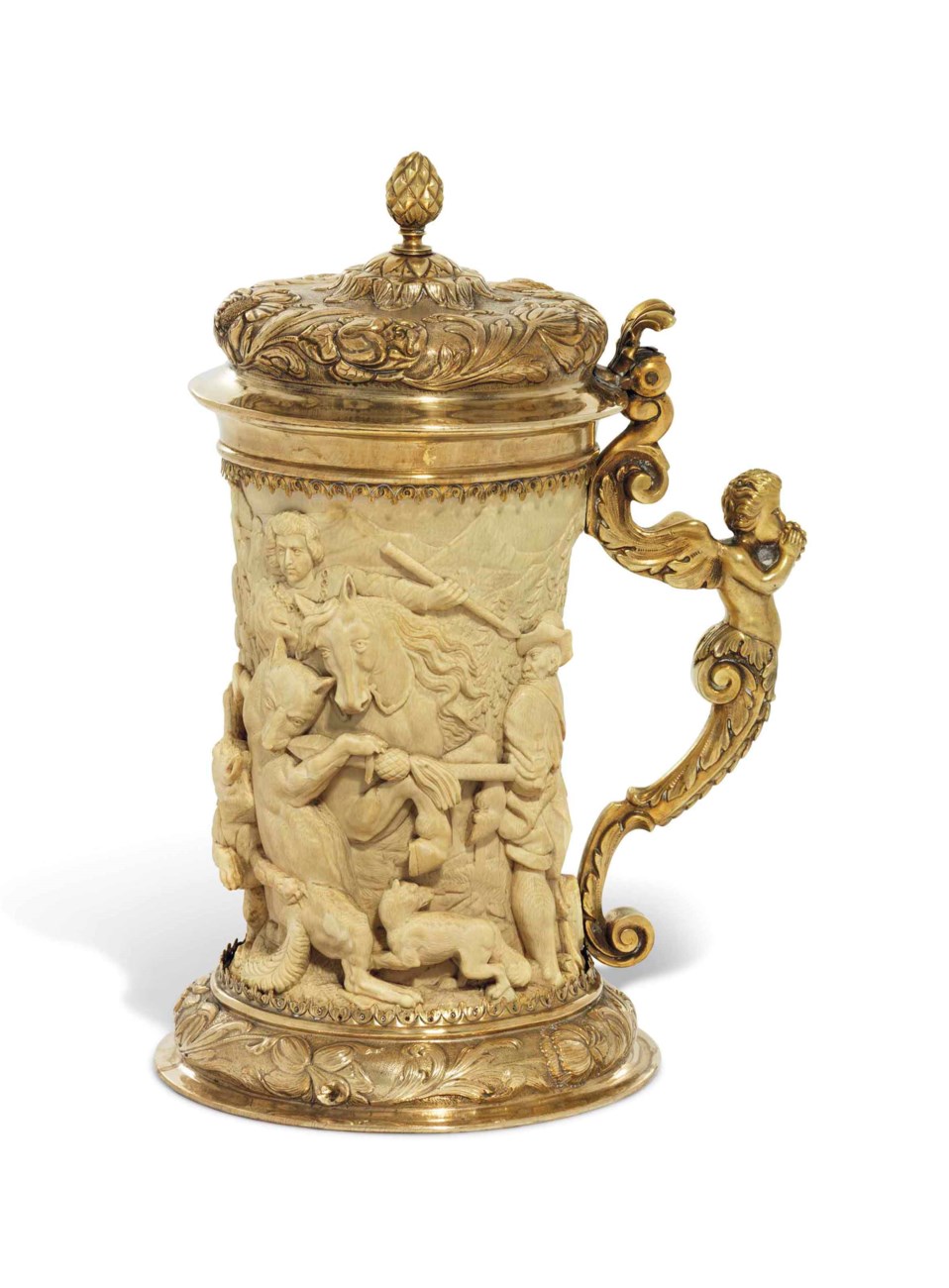 A GERMAN SILVER-GILT-MOUNTED CARVED IVORY TANKARD, APPARENTLY UNMARKED ...