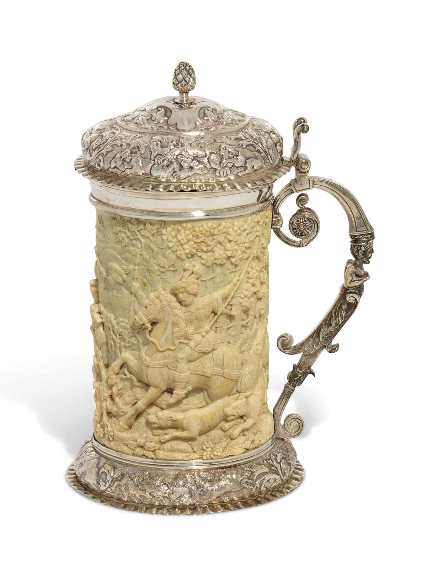 A GERMAN SILVER-MOUNTED CARVED IVORY TANKARD, APPARENTLY UNMARKED, 19TH ...